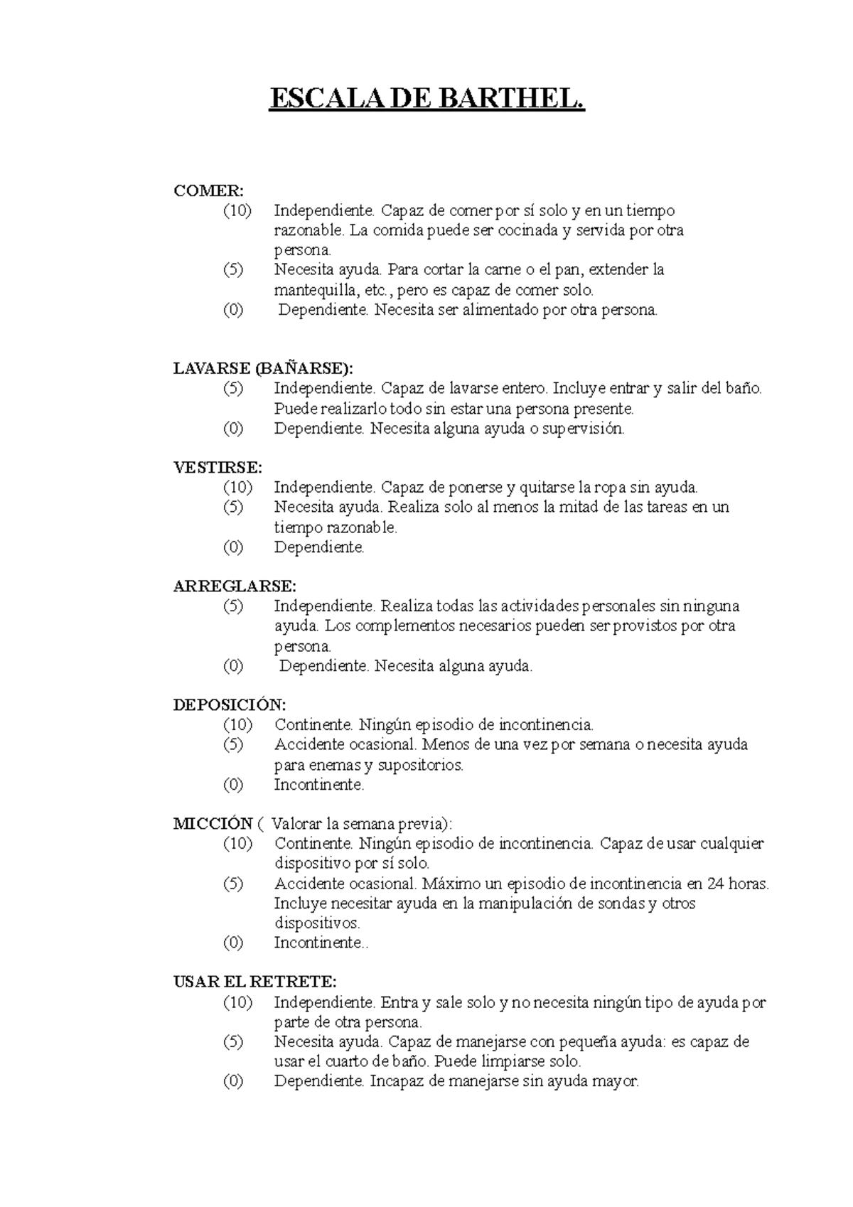 Barthel - instrumento de evaluación para adulto - ESCALA DE BARTHEL. COMER: (10) Independiente ...