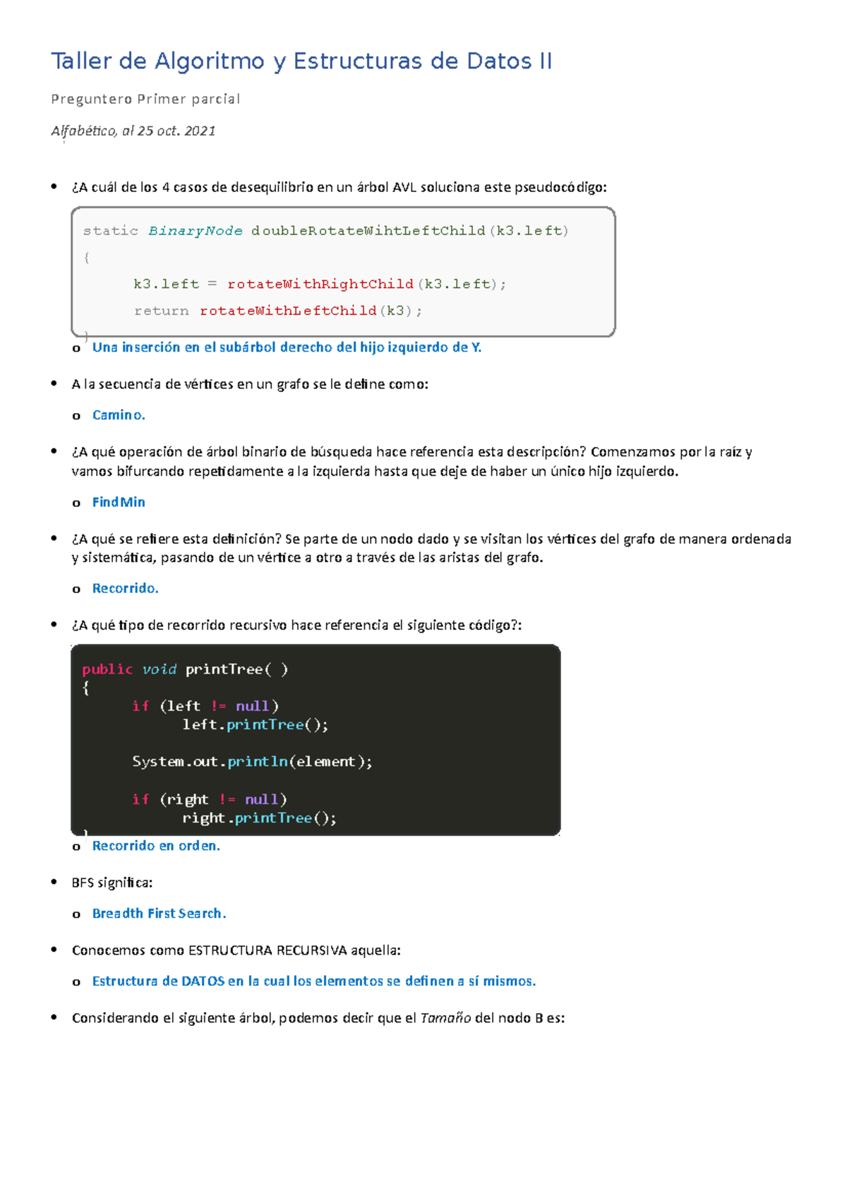 TAED2 Parcial - 100% - Taller de Algoritmo y Estructuras de Datos II Preguntero Primer parcial ...