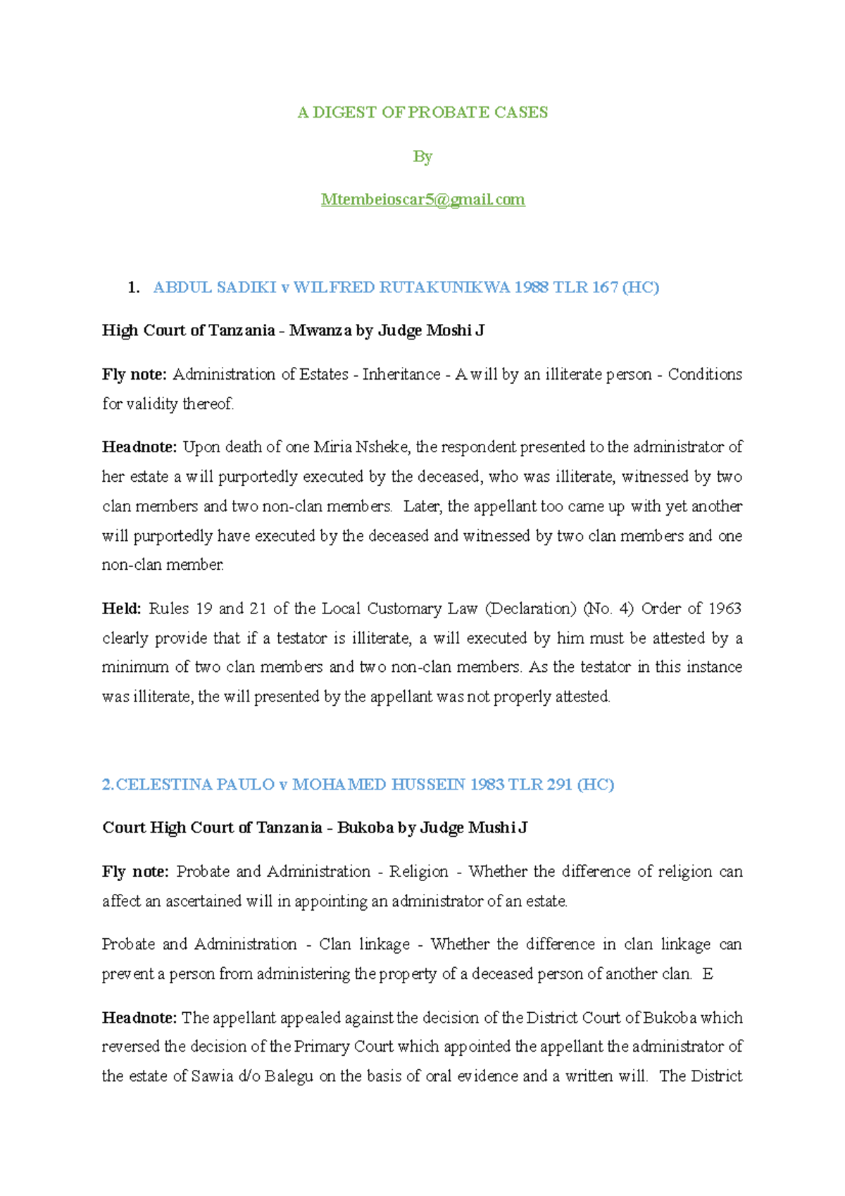 Probate cases - Law - A DIGEST OF PROBATE CASES By Mtembeioscar5@gmail ...