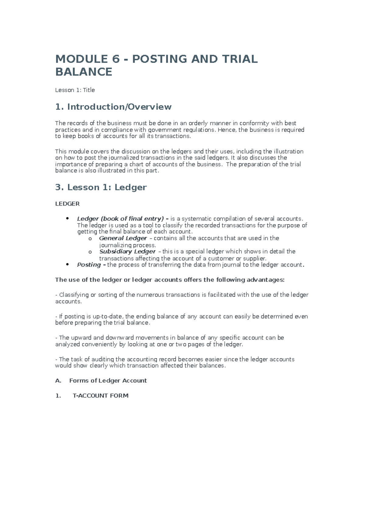 Module 6 fundamentals of accounting - MODULE 6 - POSTING AND TRIAL ...