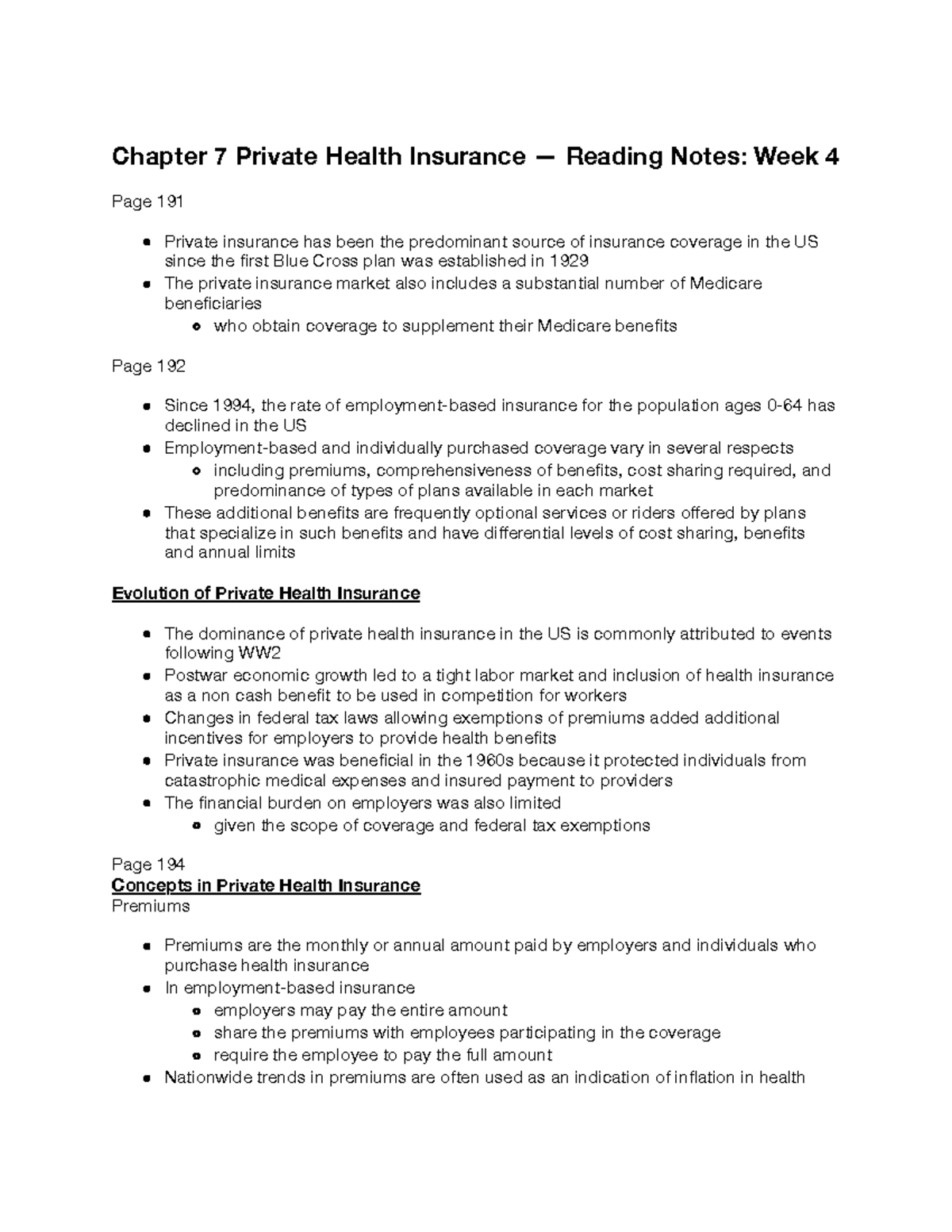 Hit Pol 100 - Ch. 7 Private Health Insurance - Reading Notes - Chapter ...