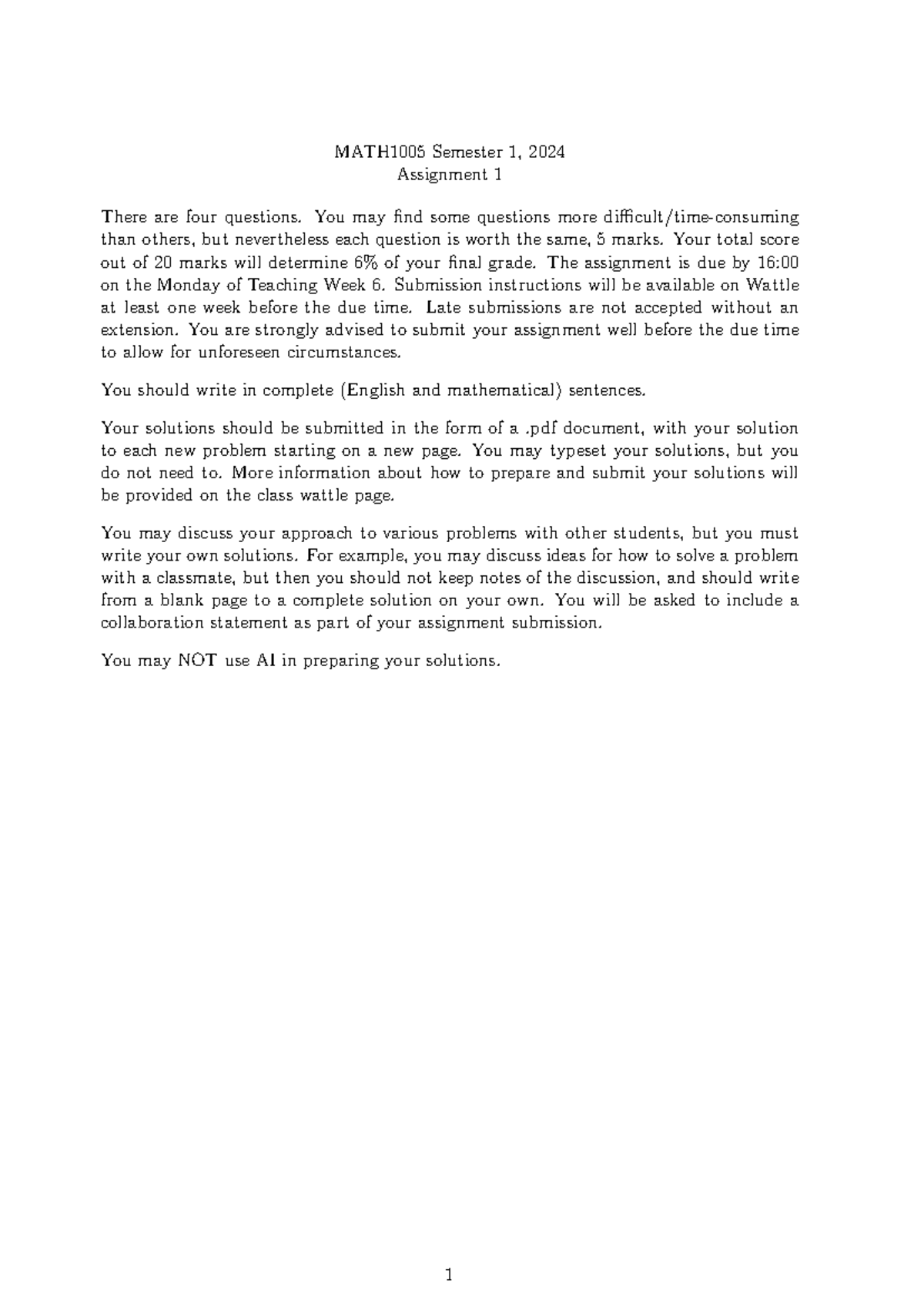 MATH1005 Assignment 1 2024 FOR Upload - MATH1005 Semester 1, 2024 Assignment 1 There are four ...