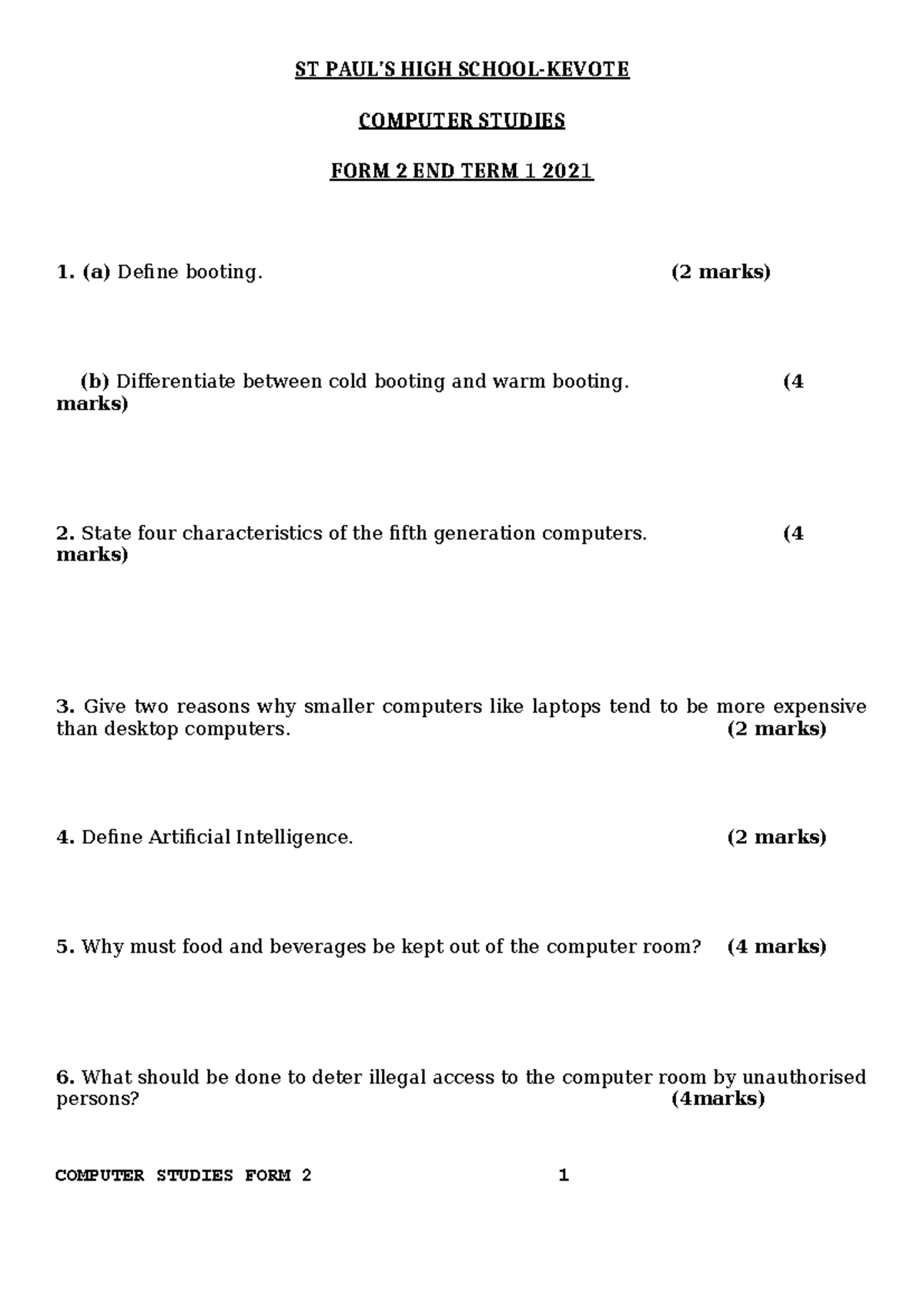 Comp form 2 - notes - ST PAUL’S HIGH SCHOOL-KEVOTE COMPUTER STUDIES ...