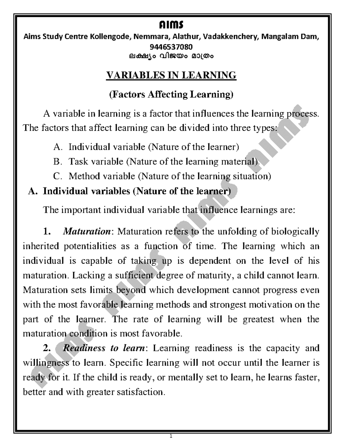 Variables affecting learning - Aims Study Centre Kollengode, Nemmara ...