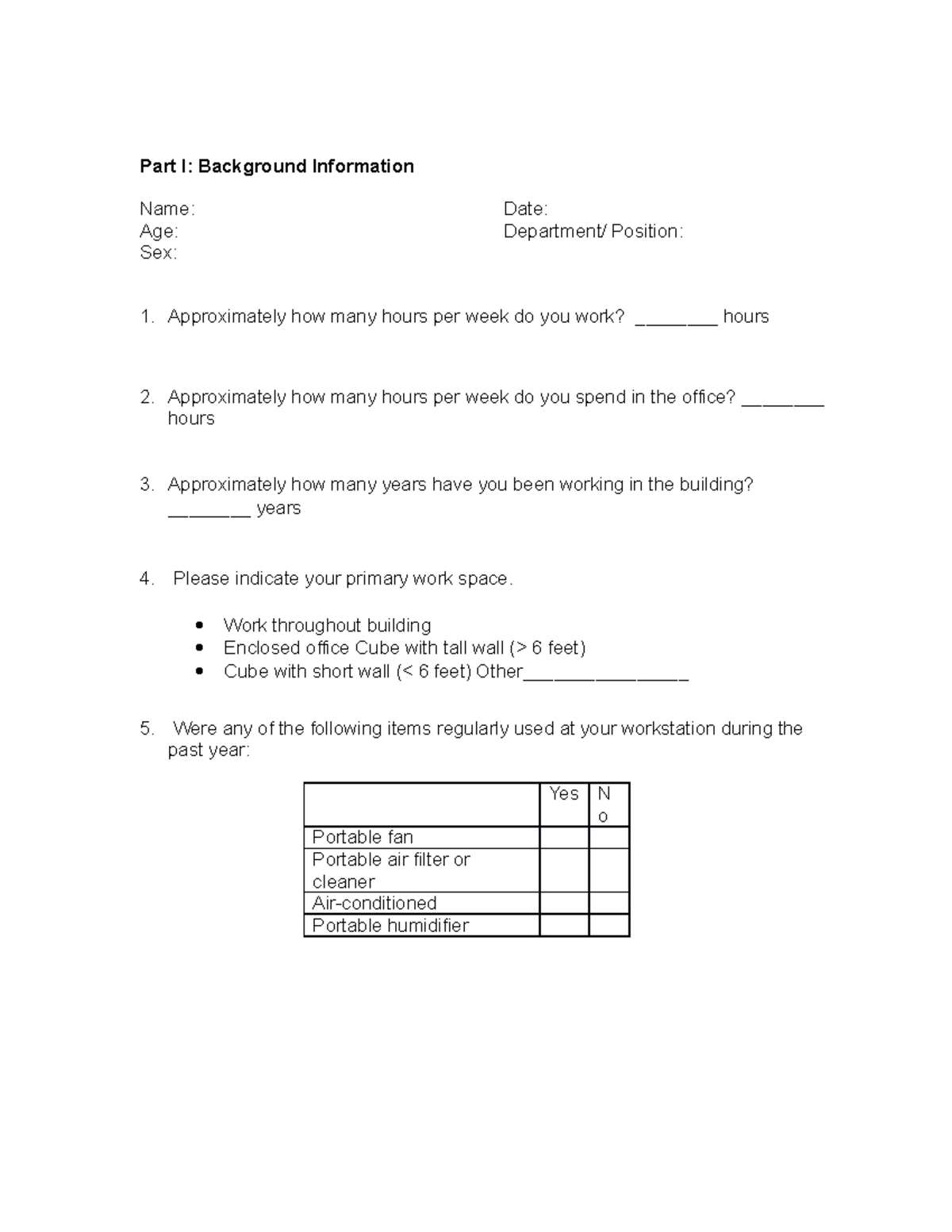 Research Survey Questionnaire - Part I: Background Information Name ...