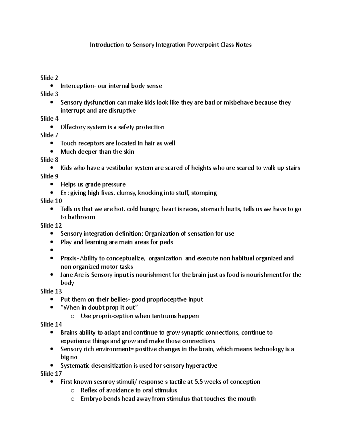 Introduction to Sensory Integration Powerpoint Class Notes - Studocu