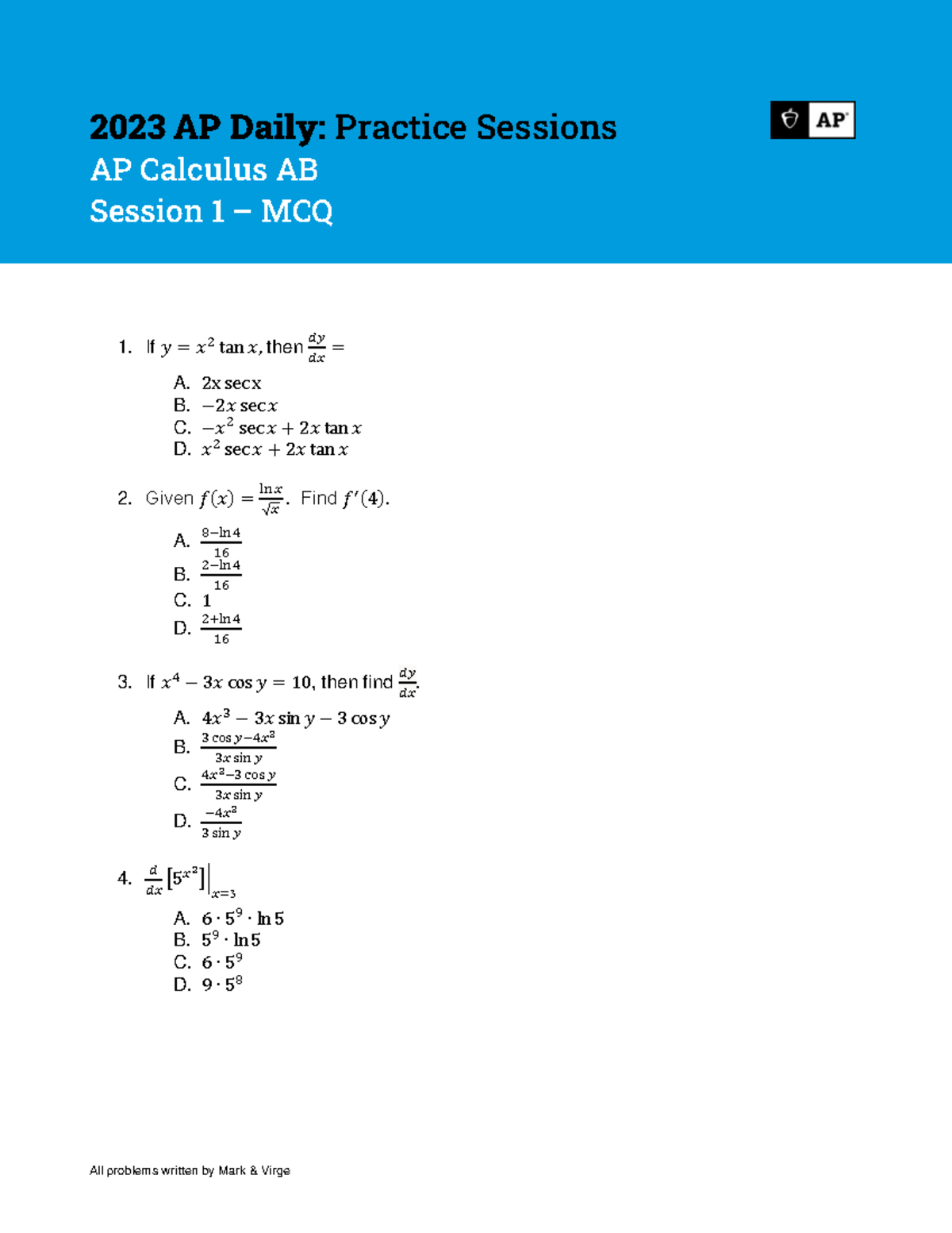 Session 1 Calculus AB 2023 AP Daily Practice Sessions - All problems ...
