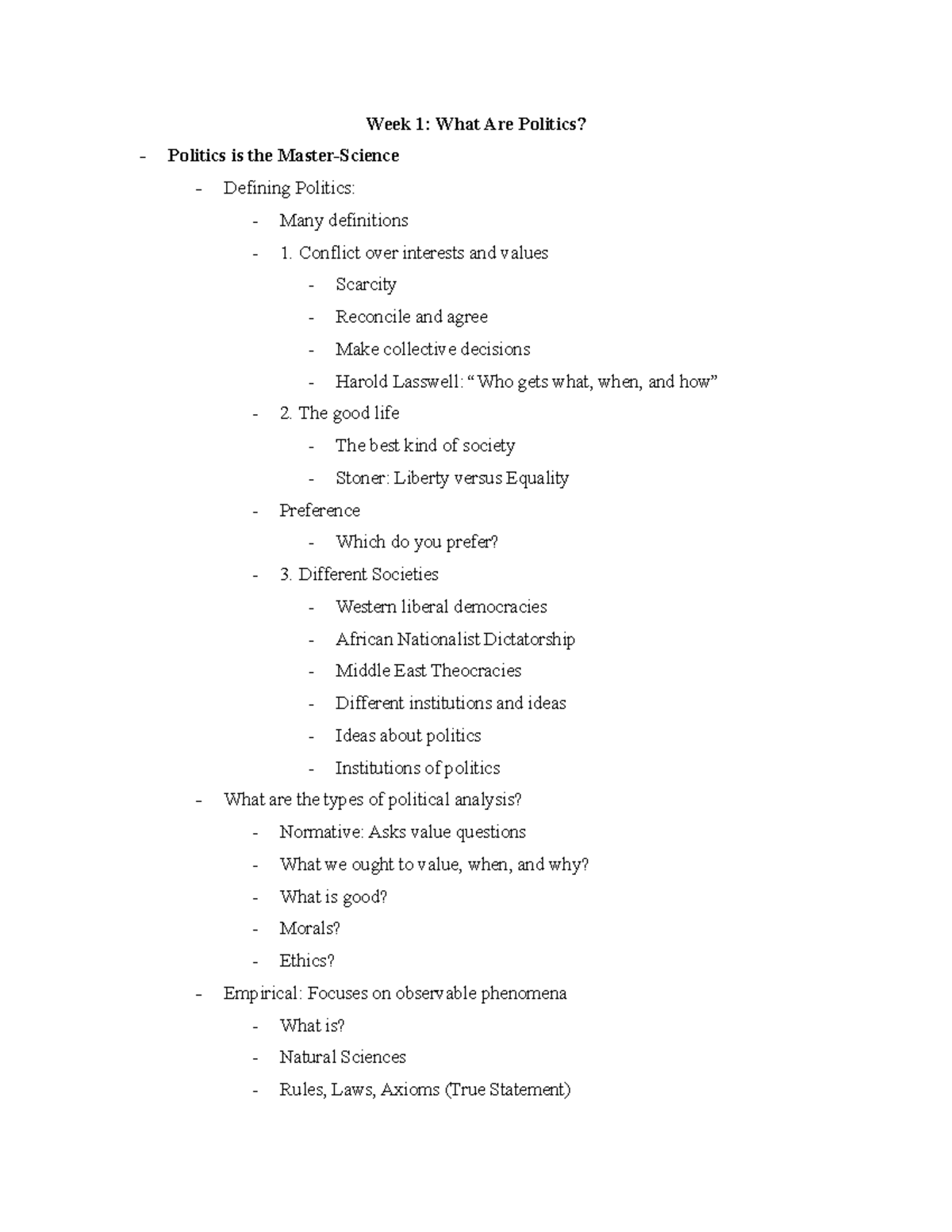 Political Science Notes 1020E - Week 1: What Are Politics? Politics is ...