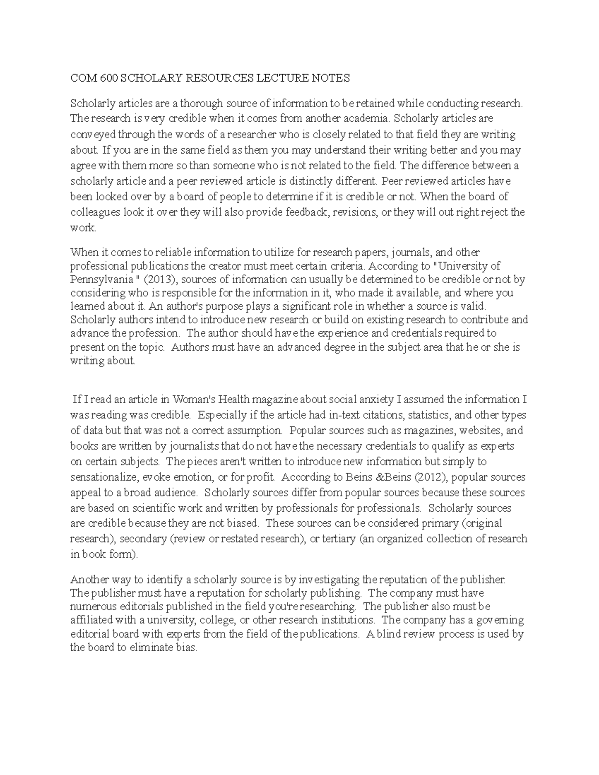 COM 600 Scholary Resources Lecture Notes - COM 600 SCHOLARY RESOURCES ...