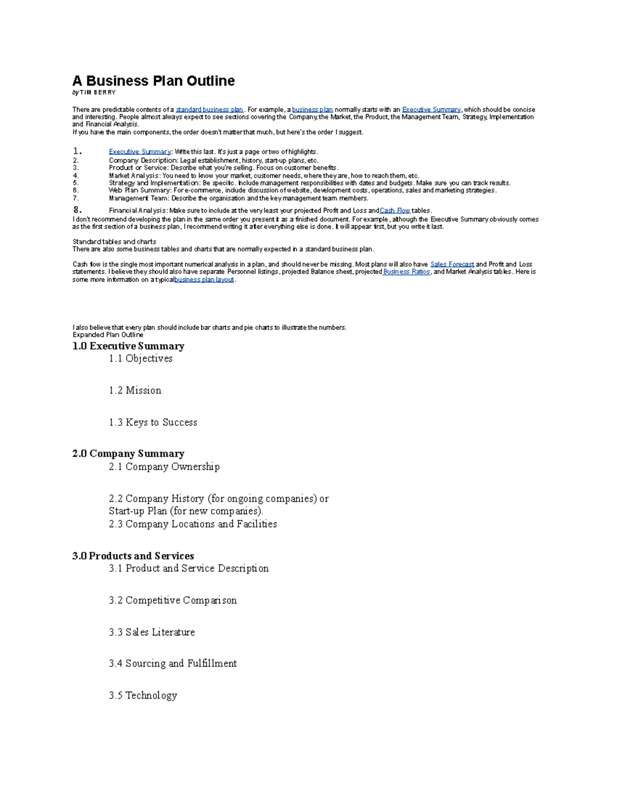 A Business Plan Outline For Example A Business Plan Normally Starts