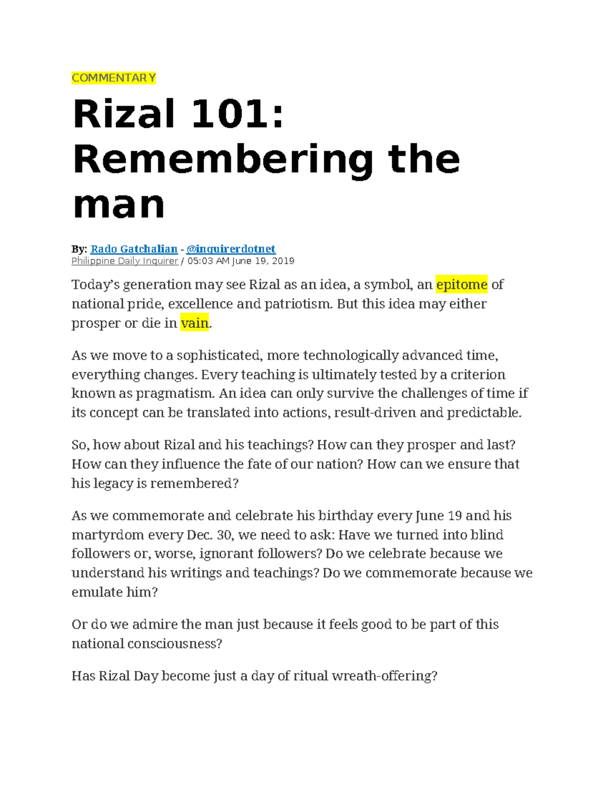 Rizal 101 Remembering the man - COMMENTARY Rizal 101: Remembering the man By: Rado Gatchalian ...