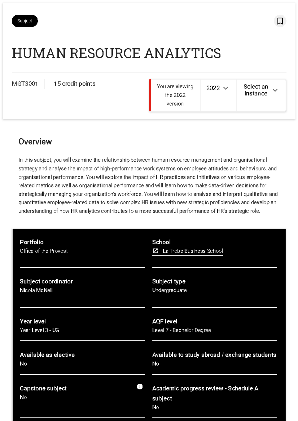 Human Resource Analytics - Subject HUMAN RESOURCE ANALYTICS ####### MGT3001 15 credit points You ...