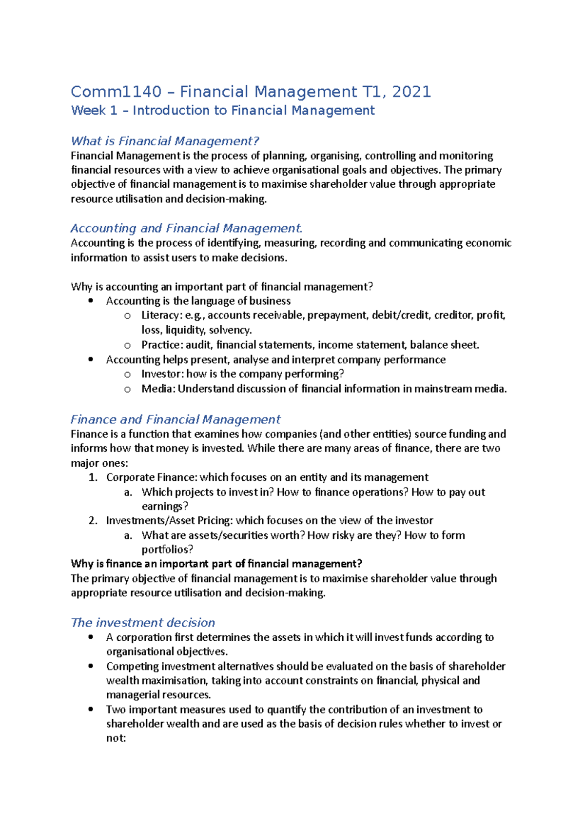 Comm1140 Notes - Comm1140 – Financial Management T1, 2021 Week 1 ...