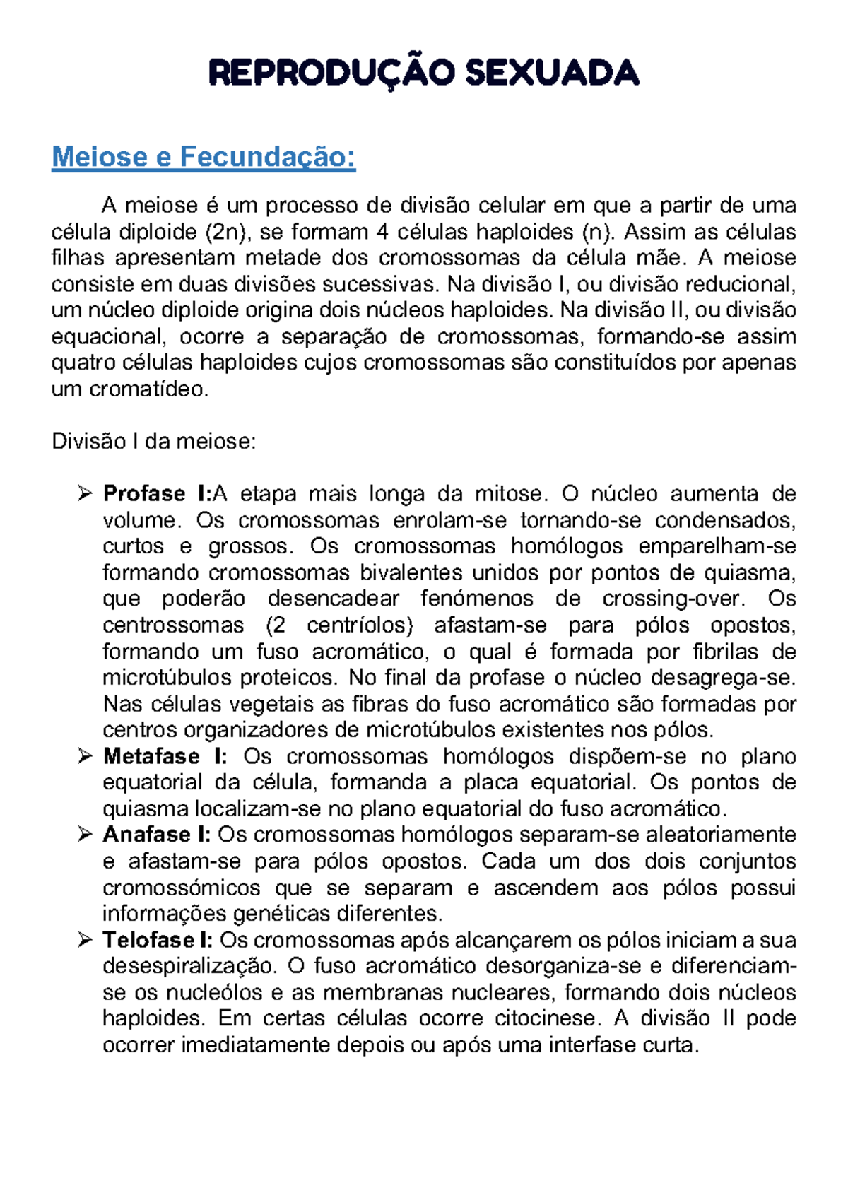 Reprodução sexuada - Dndjd - REPRODUÇÃO SEXUADA Meiose e Fecundação: A ...