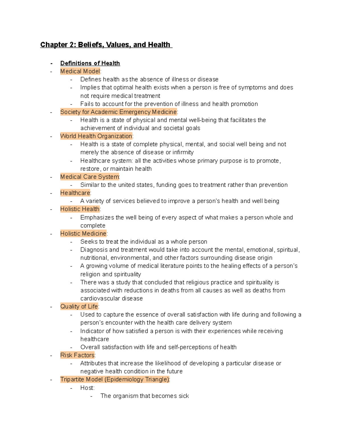 USGH 2 - Dr. Howley - Chapter 2: Beliefs, Values, and Health ...