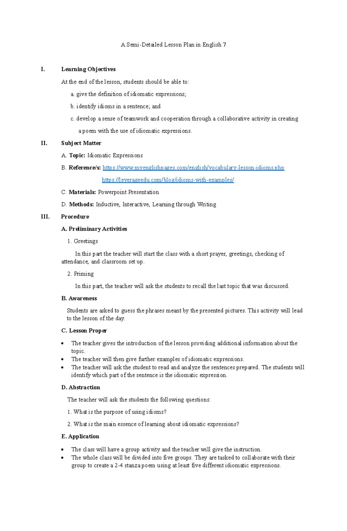 A Semi-Detailed Lesson Plan in English 7 - Learning Objectives At the ...