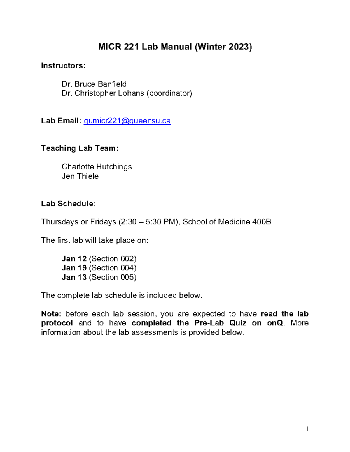 MICR 221 - W23 - Lab Manual - MICR 221 Lab Manual (Winter 2023) Instructors: Dr. Bruce Banfield ...