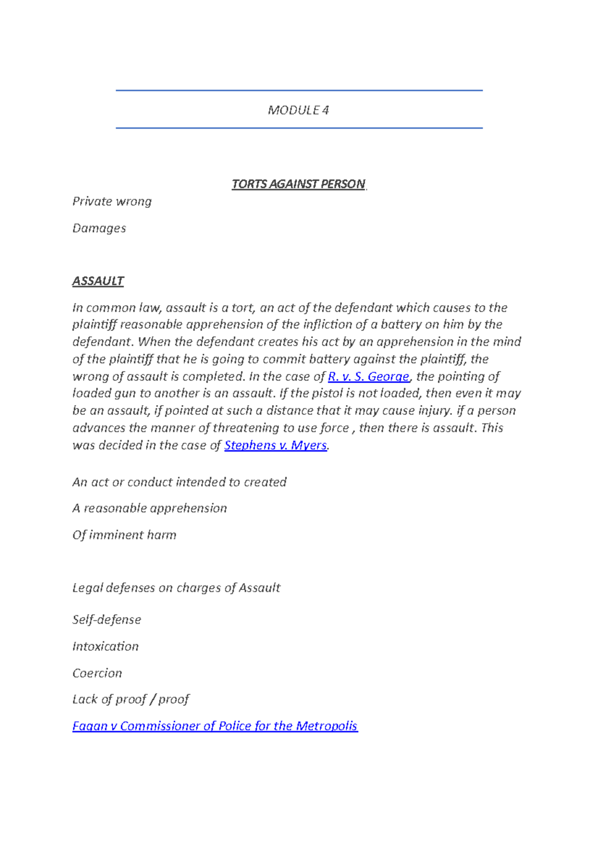 Module 4 Torts - MODULE 4 TORTS AGAINST PERSON Private wrong Damages ...