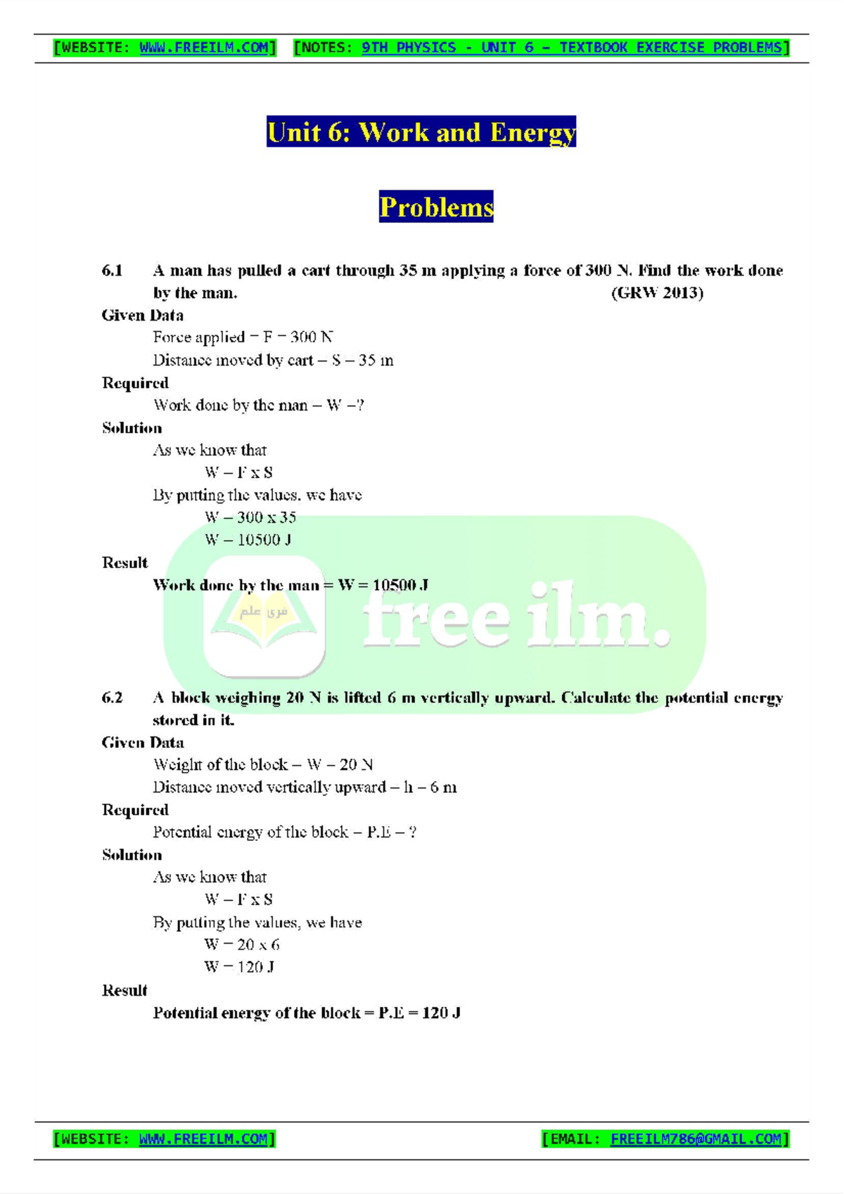 9th Phy Ch 6 Numericals - WEBSITE: 9TH PHYSICS UNIT 6 TEXTBOOK EXERCISE PROBLEMS Unit 6: Work ...