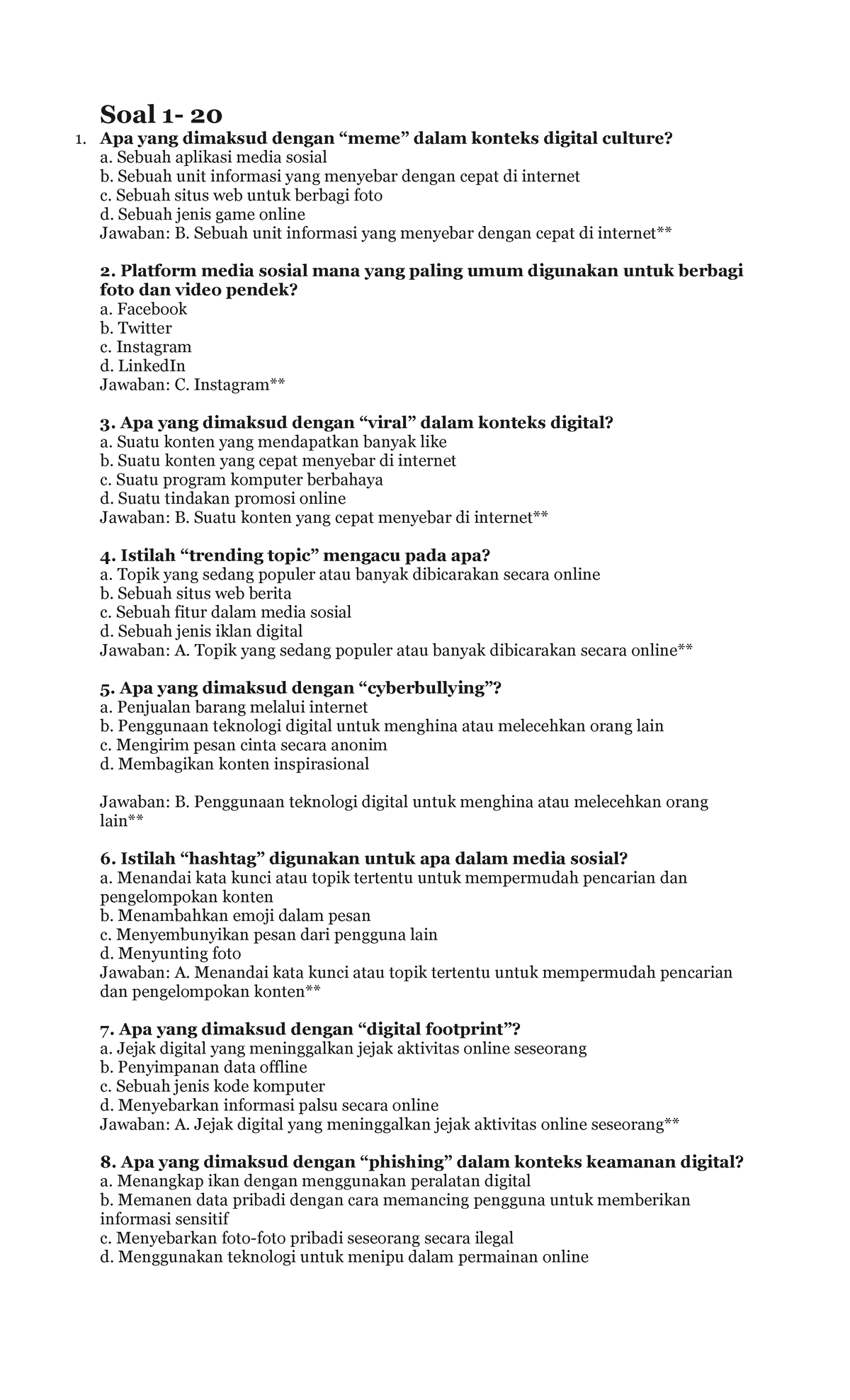 Literasi digital - Soal 1- 20 Apa yang dimaksud dengan “meme” dalam ...