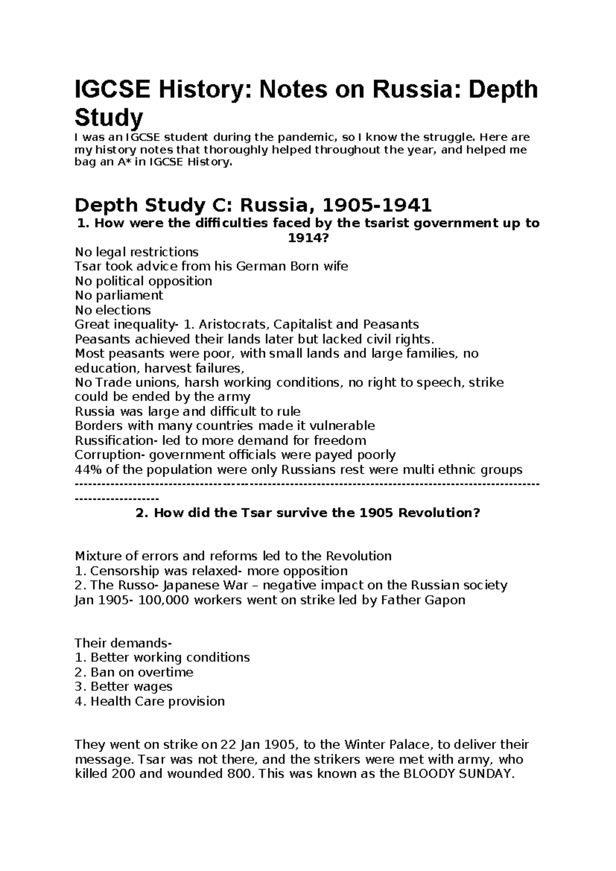 Igcse History notes on depth study Russia - IGCSE History: Notes on ...