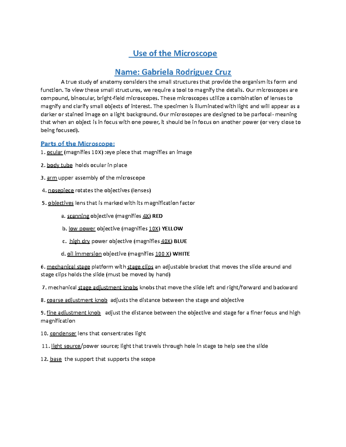 Use of the Microscope Lab Accessible - Use of the Microscope Name ...