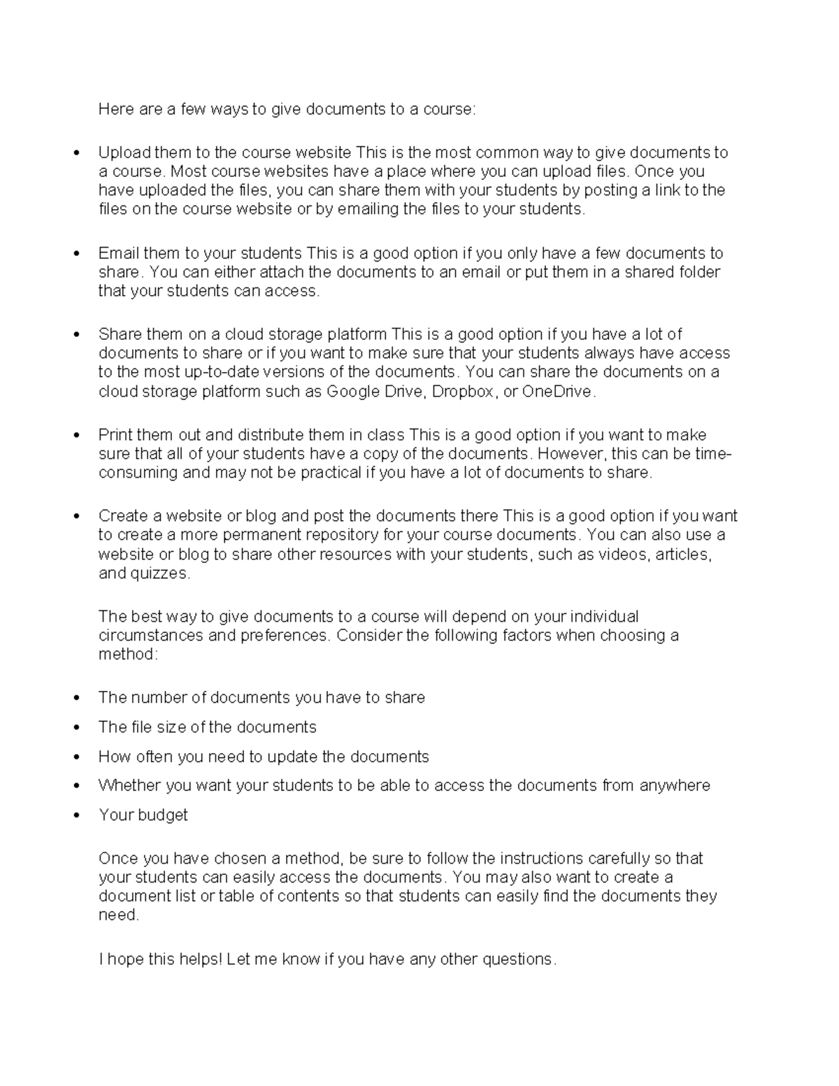 Here are a few ways to give documents to a course - Most course ...