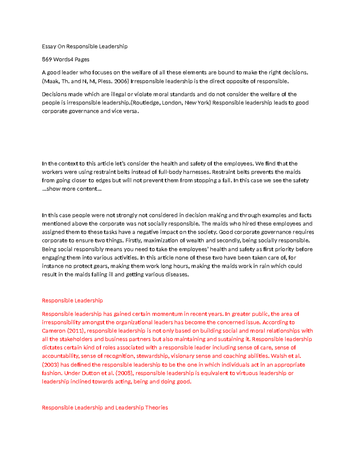 Essay On Responsible Leadership - (Maak, Th. and N, M, Pless. 2006 ...