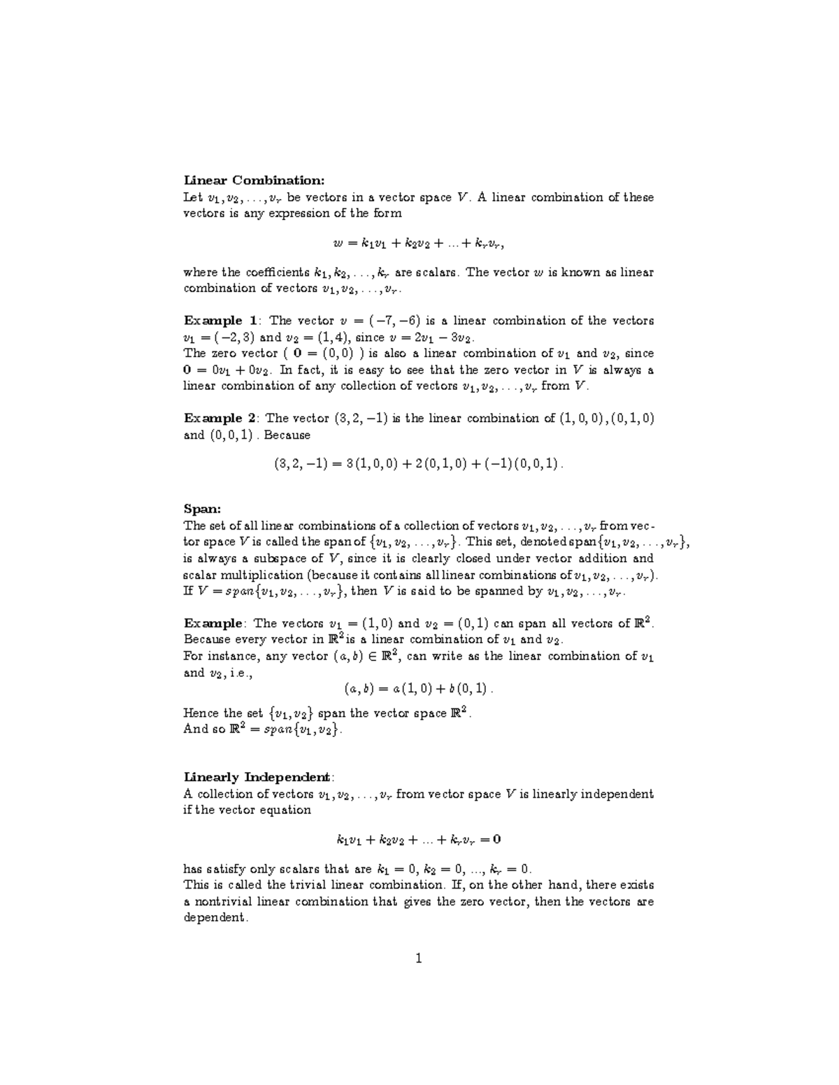 Lesson 5 Linearly Independence MAT2611 - Linear Combination: Let v 1 ...