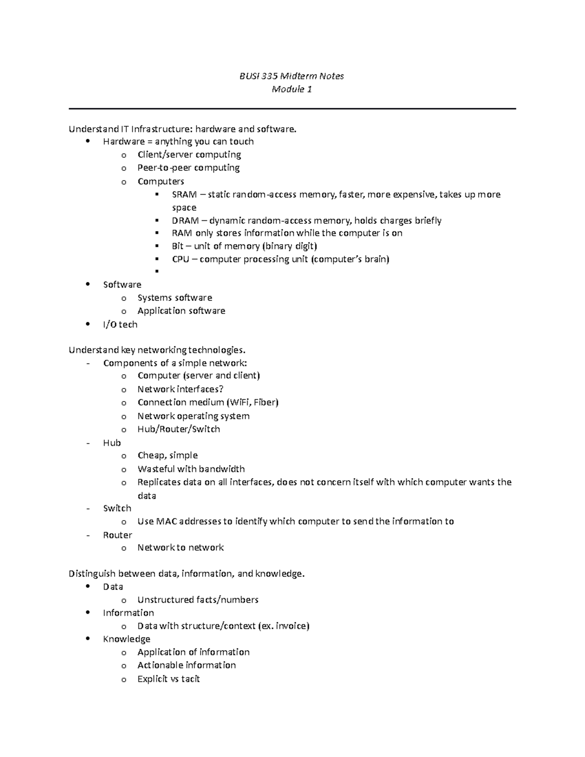BUSI 335 Module 1 Notes - BUSI 335 Midterm Notes Module 1 Understand IT ...