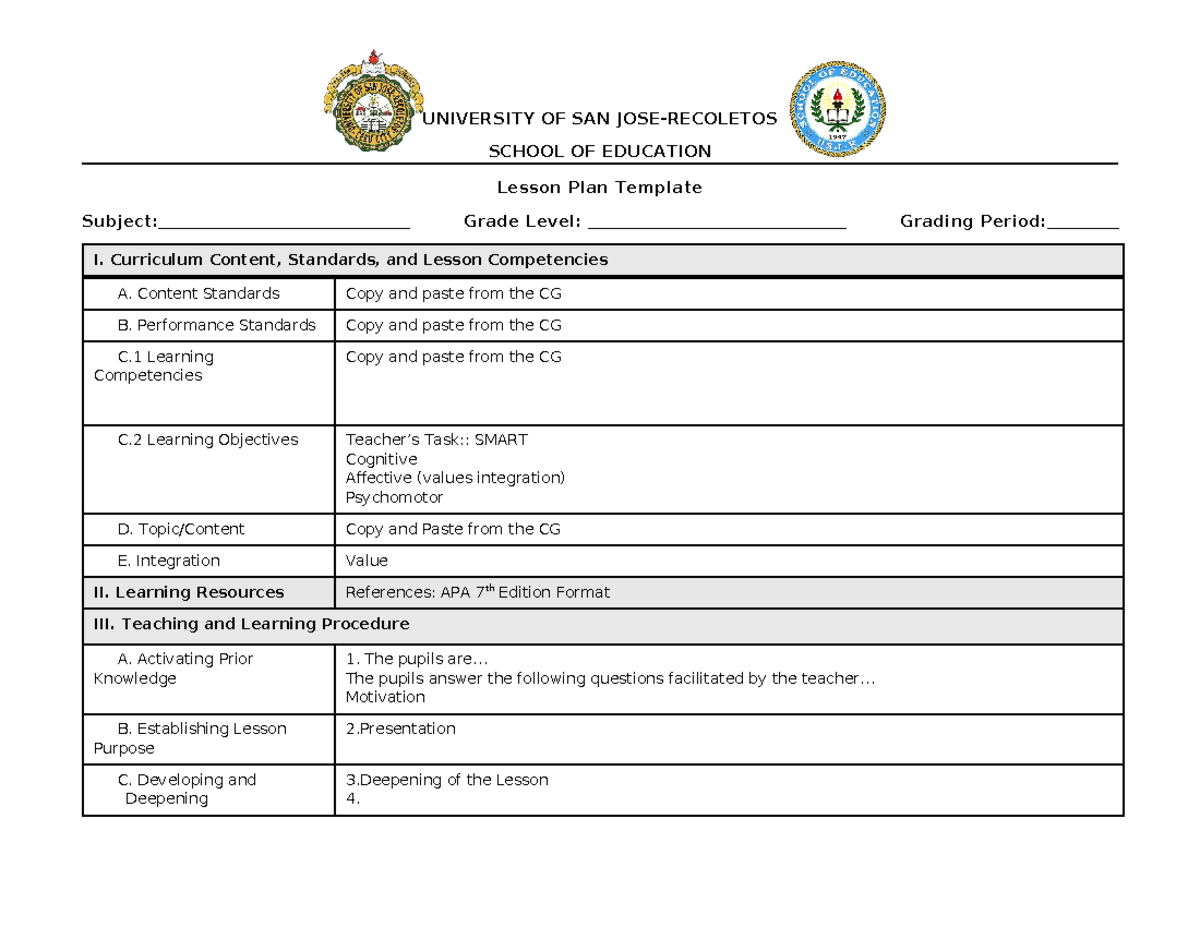 Lesson-Plan-Template - UNIVERSITY OF SAN JOSE-RECOLETOS SCHOOL OF ...