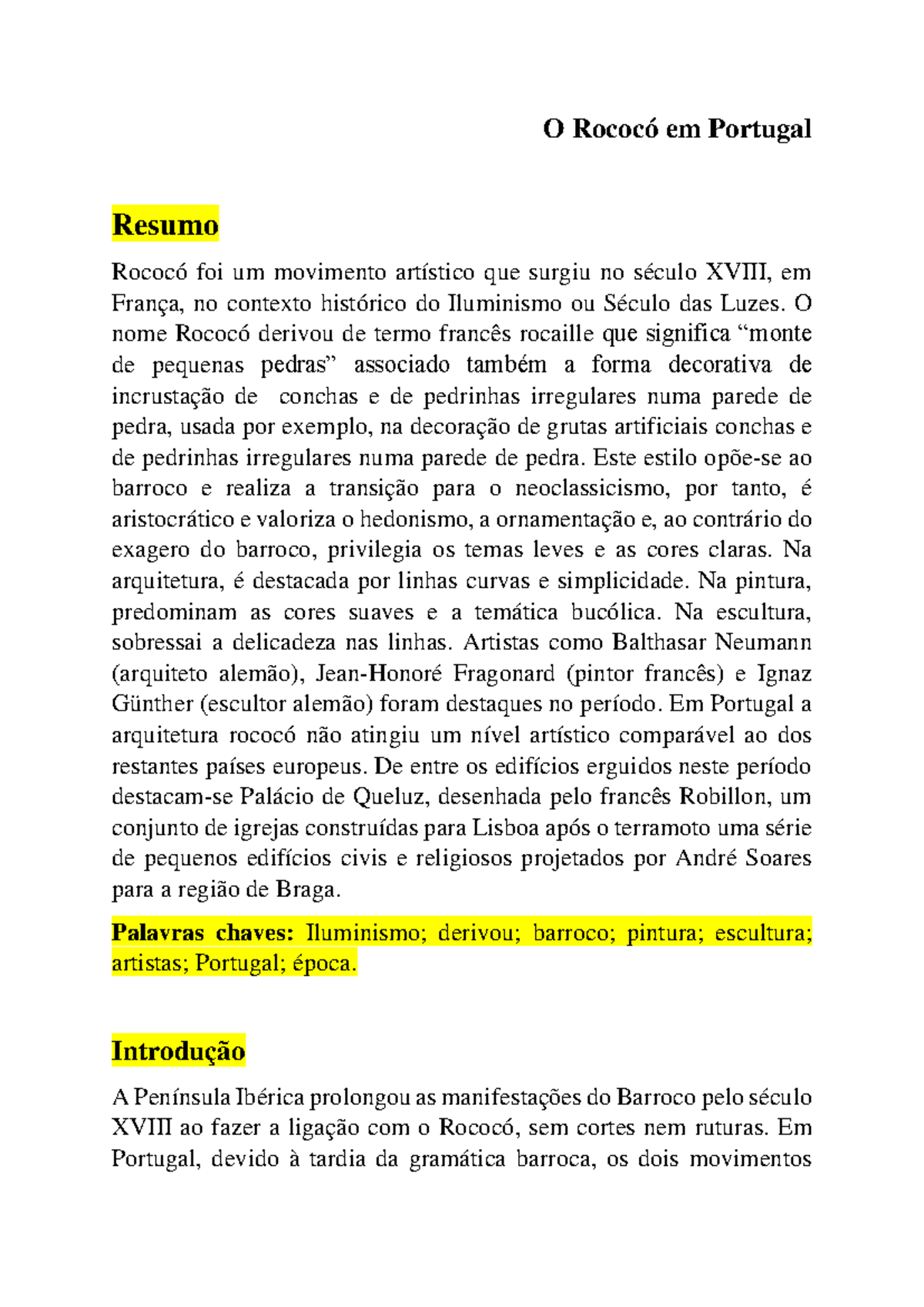 Trabalho de historia - Cópia - O Rococó em Portugal Resumo Rococó foi um movimento artístico que ...