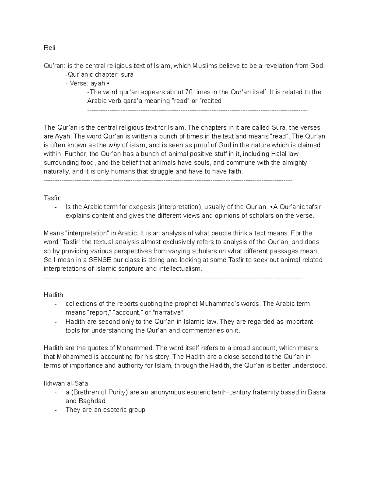 Reli Midterm study guide - Reli Qu’ran: is the central religious text ...