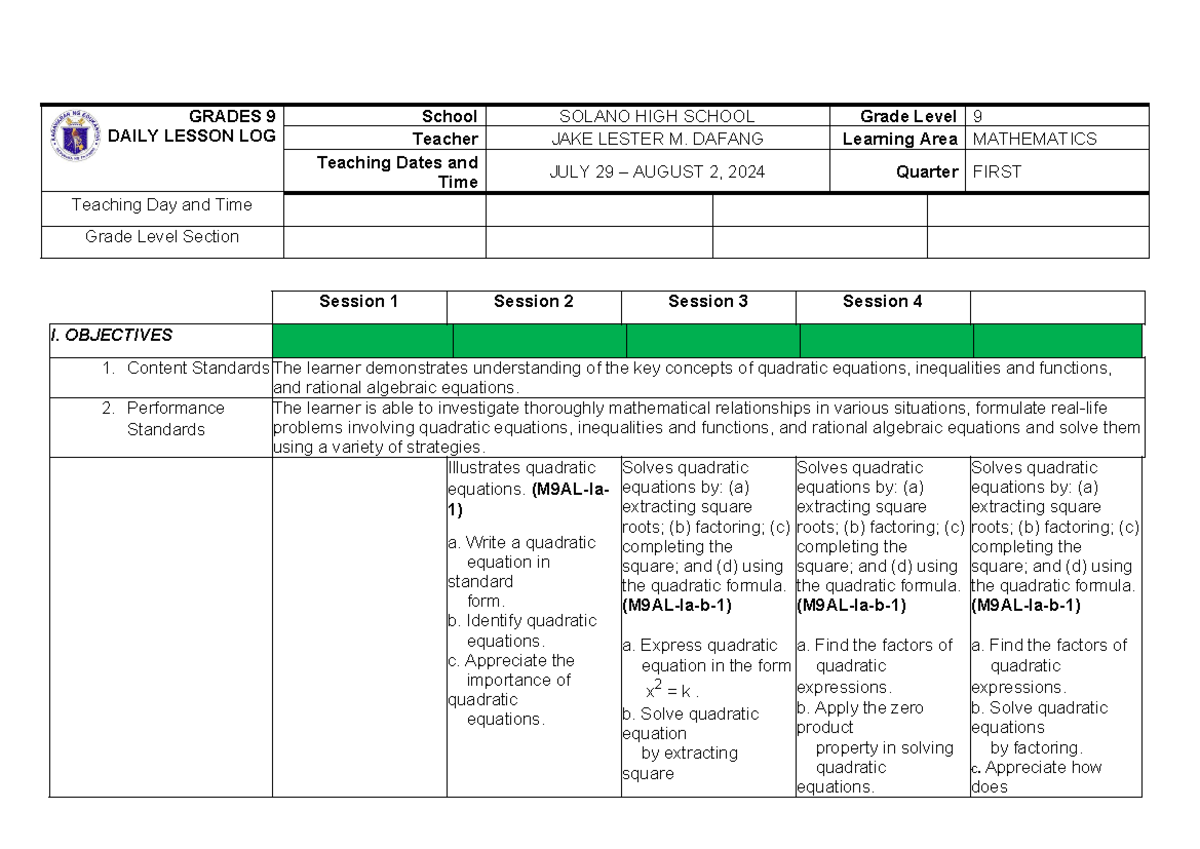 DLL Grade 9 WEEK 1 - DLL - GRADES 9 DAILY LESSON LOG School SOLANO HIGH ...