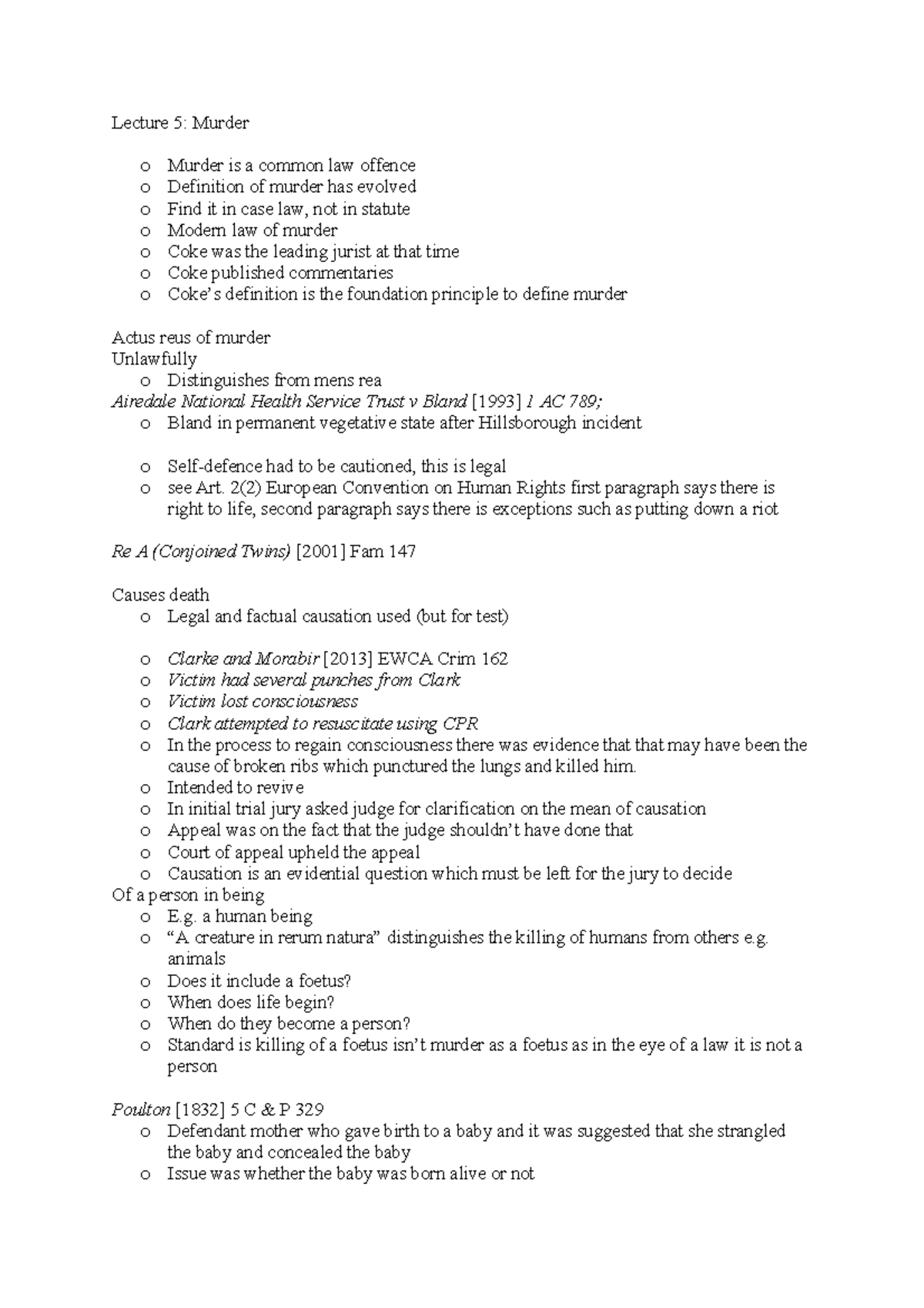 Murder - Lecture notes 5 - Lecture 5: Murder o Murder is a common law ...