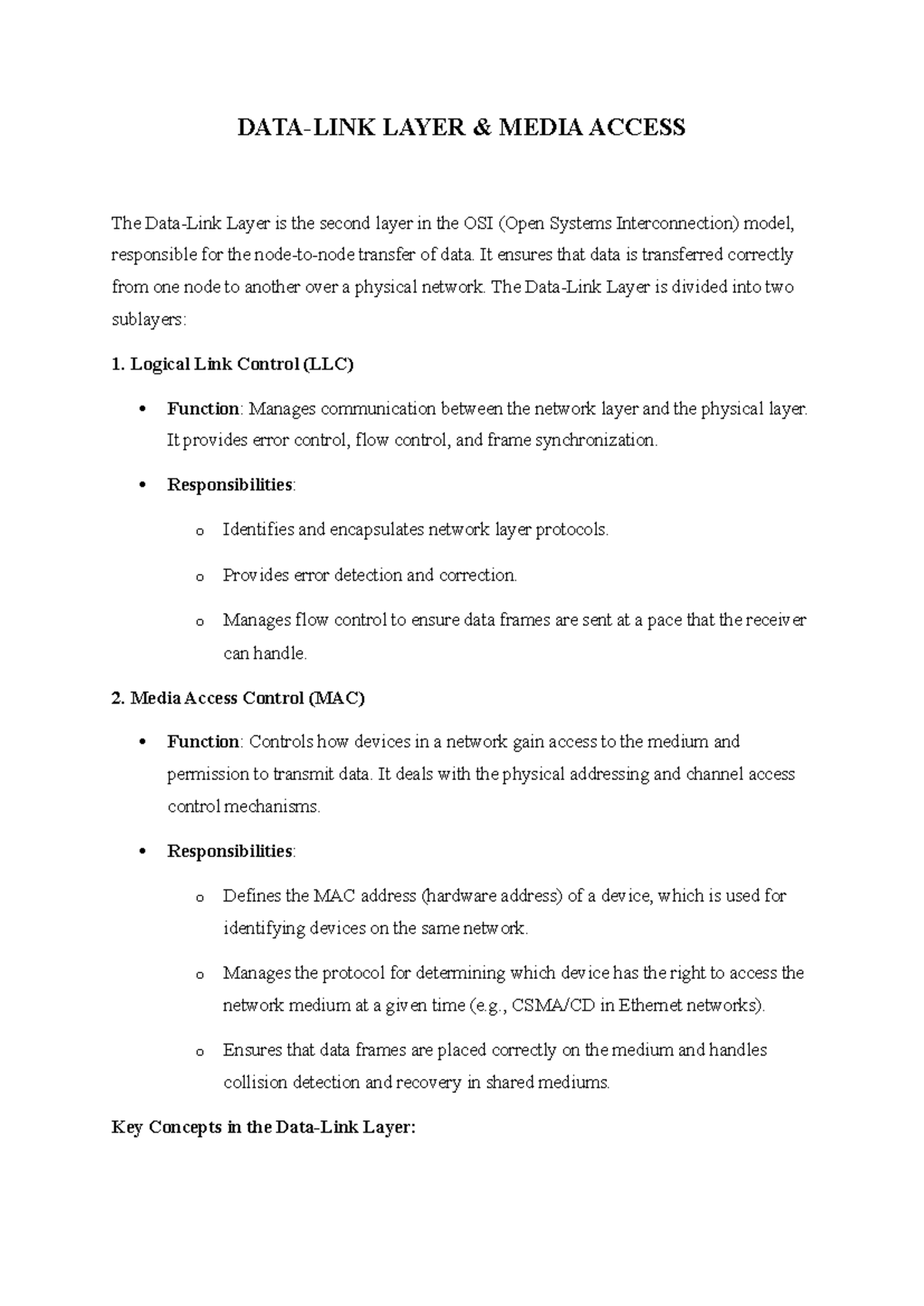 Data Link Layer And Media Access Data Link Layer And Media Access The
