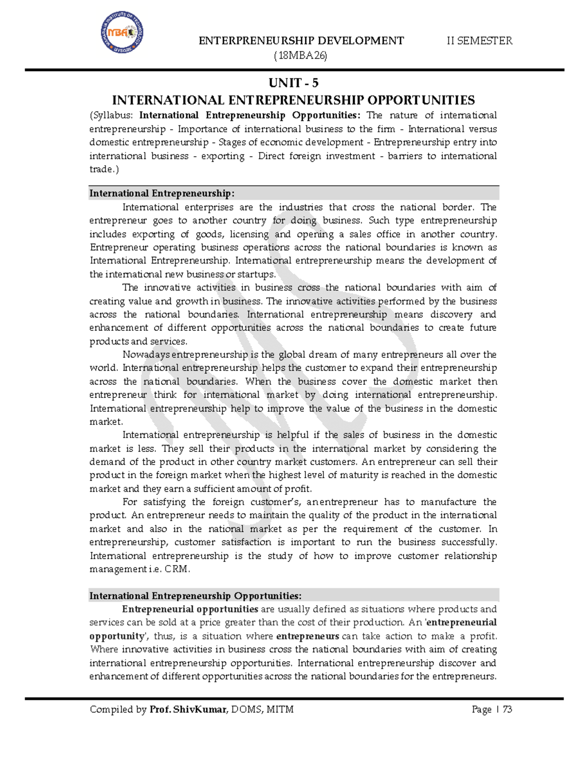 Unit 5 International Entrepreneurship Opportunities - (18MBA26) UNIT ...