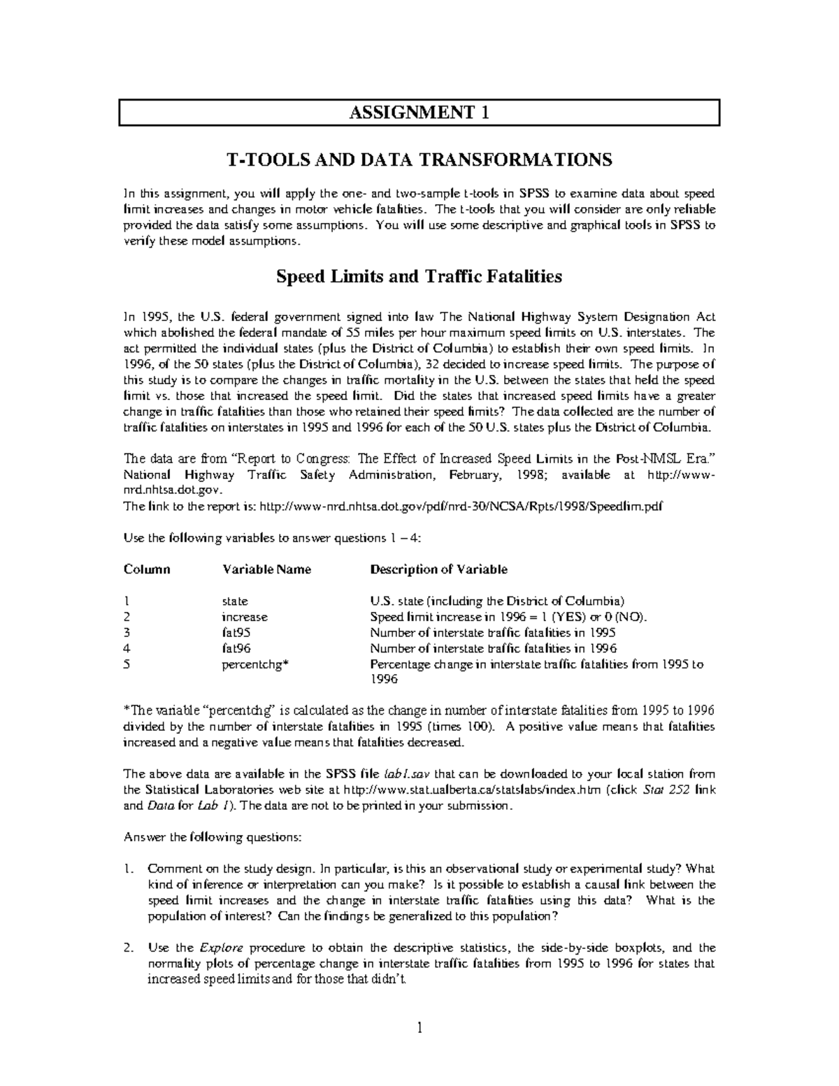 Assignment 1 - 5 stat 252.pdf - ASSIGNMENT 1 T-TOOLS AND DATA TRANSFORMATIONS In this assignment ...