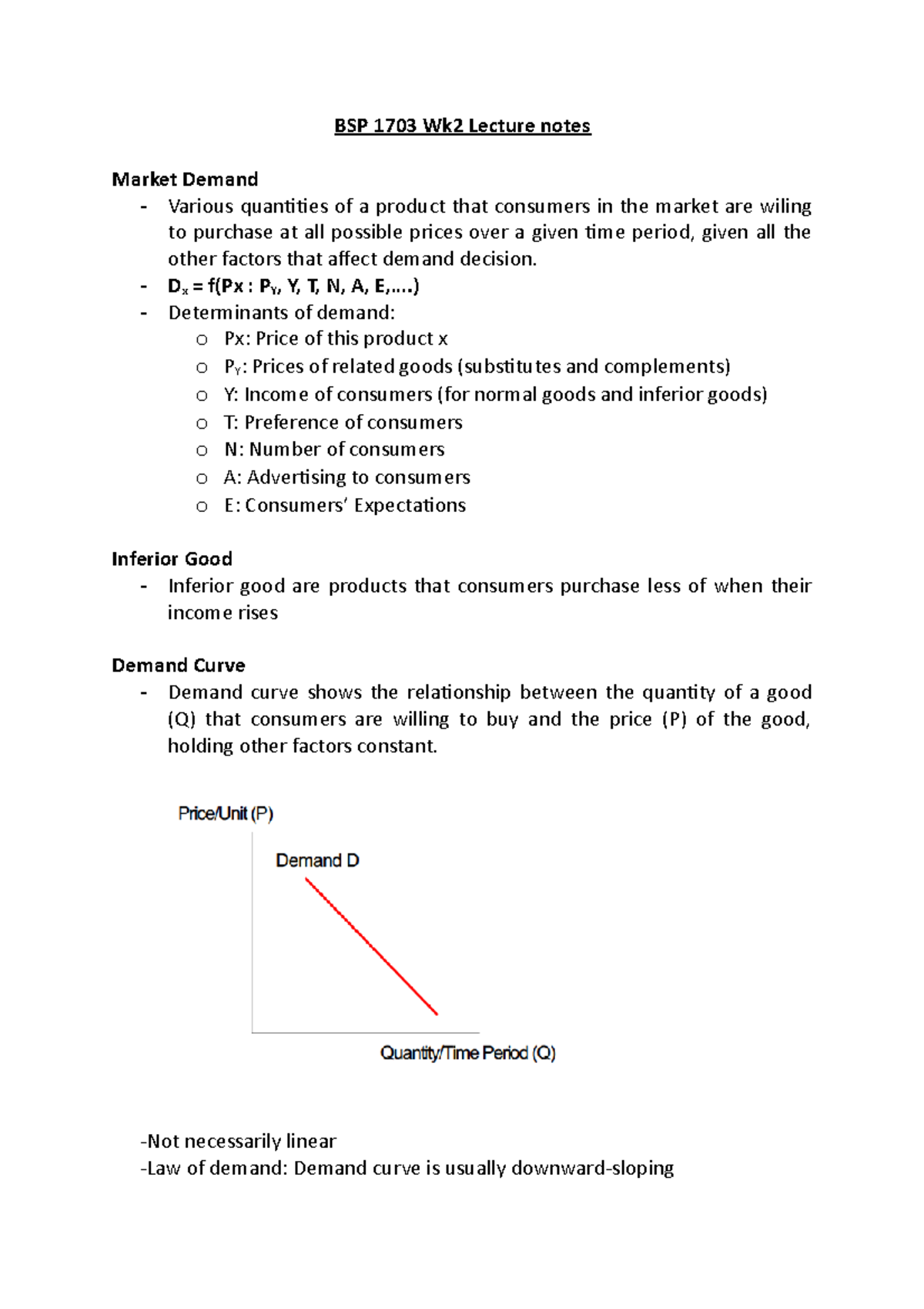 Bsp 1703 Wk2 Lecture Notes Bsp 1703 Wk2 Lecture Notes Market Demand Various Quantities Of A