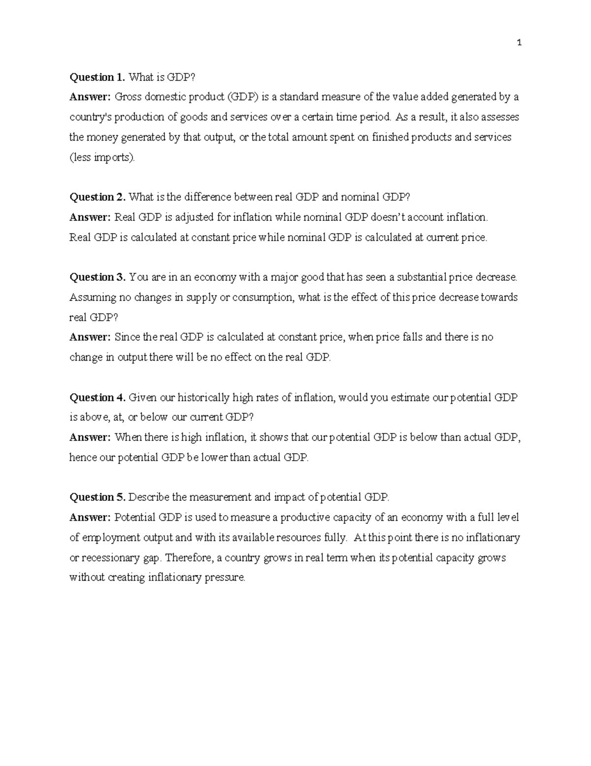 Economics Assignment - 1 Question 1. What is GDP? Answer: Gross ...