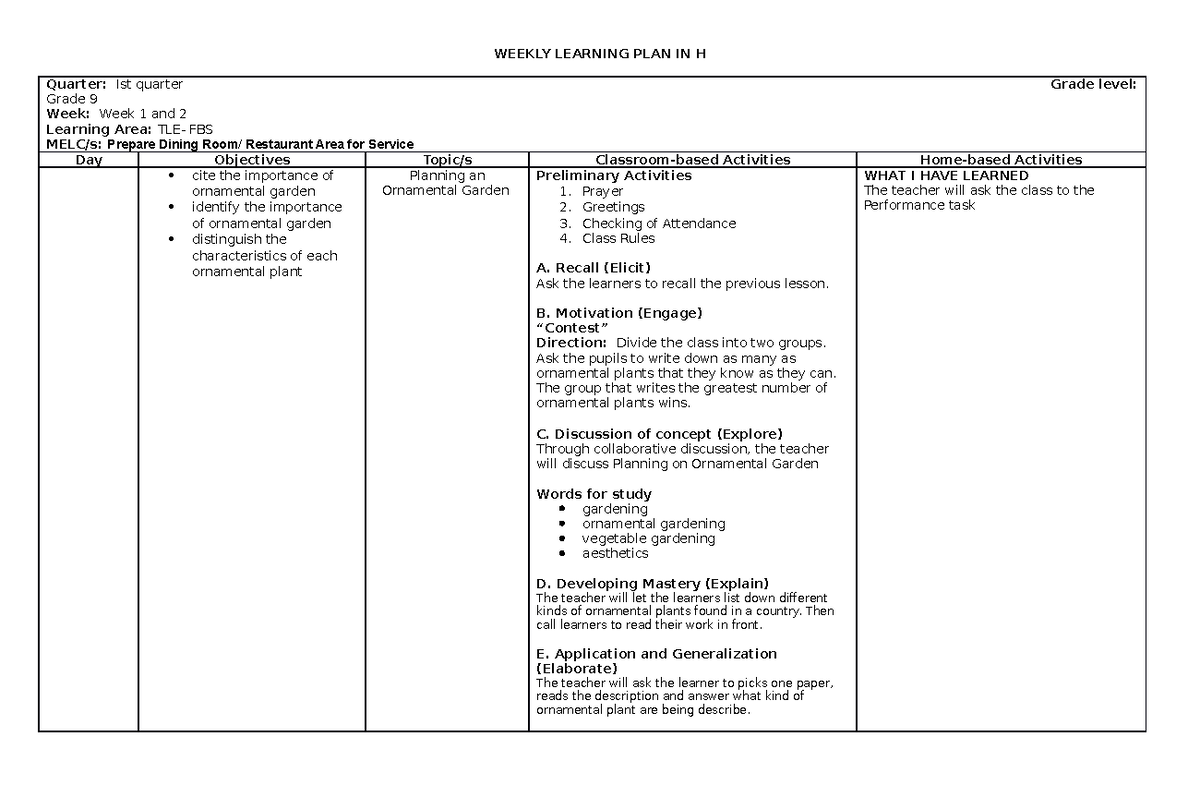 WLP HELE 4 - like - WEEKLY LEARNING PLAN IN H Quarter: Ist quarter ...
