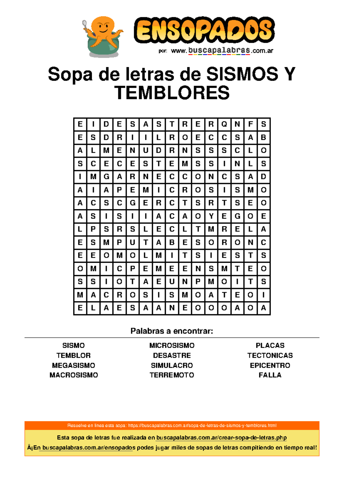 Sopa de letras de sismos y temblores - Sopa de letras de SISMOS Y ...