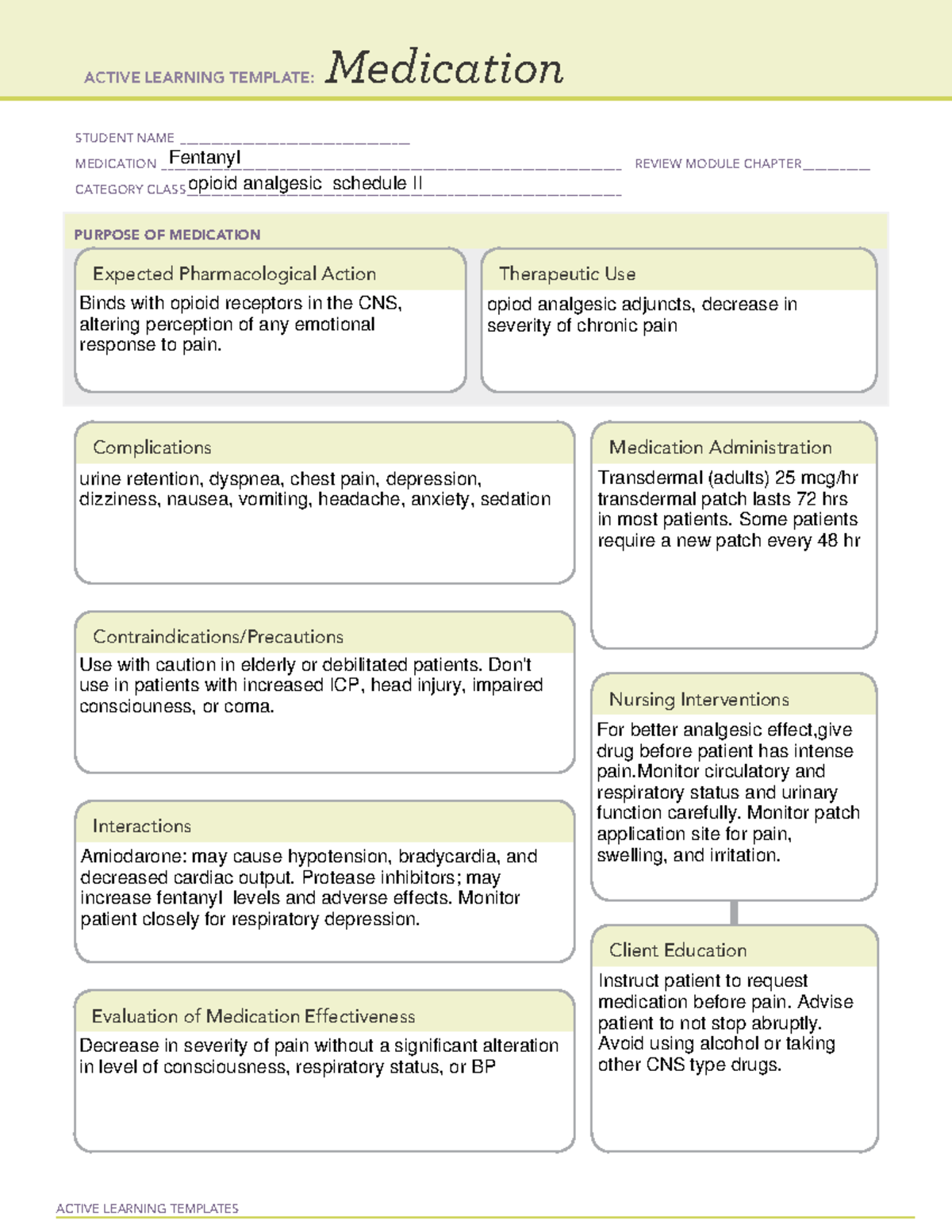 Fentanyl med card - med card - ACTIVE LEARNING TEMPLATES Medication ...