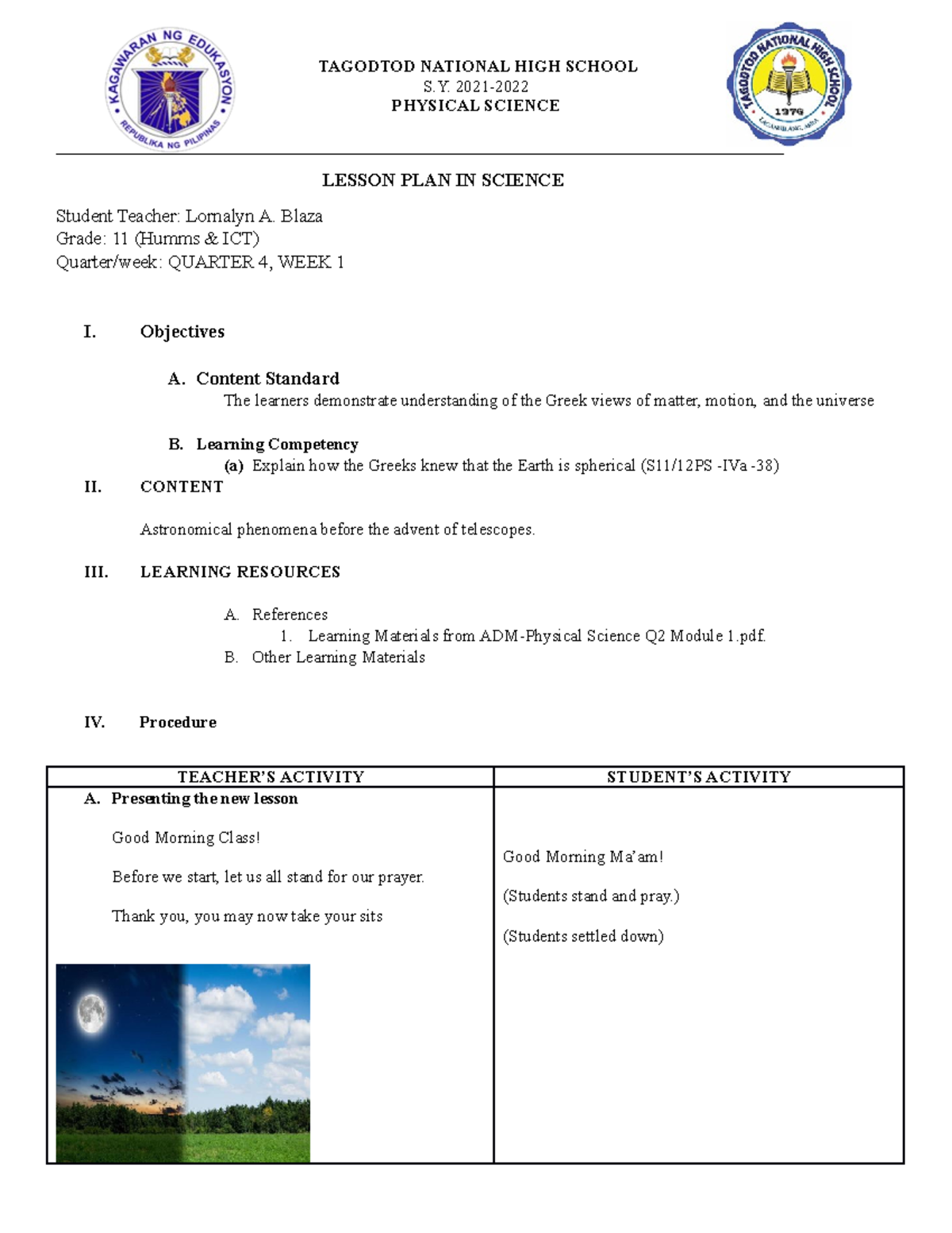 Detailed Lesson Plan The Law of Inertia Galileo's Assertion and Newton ...