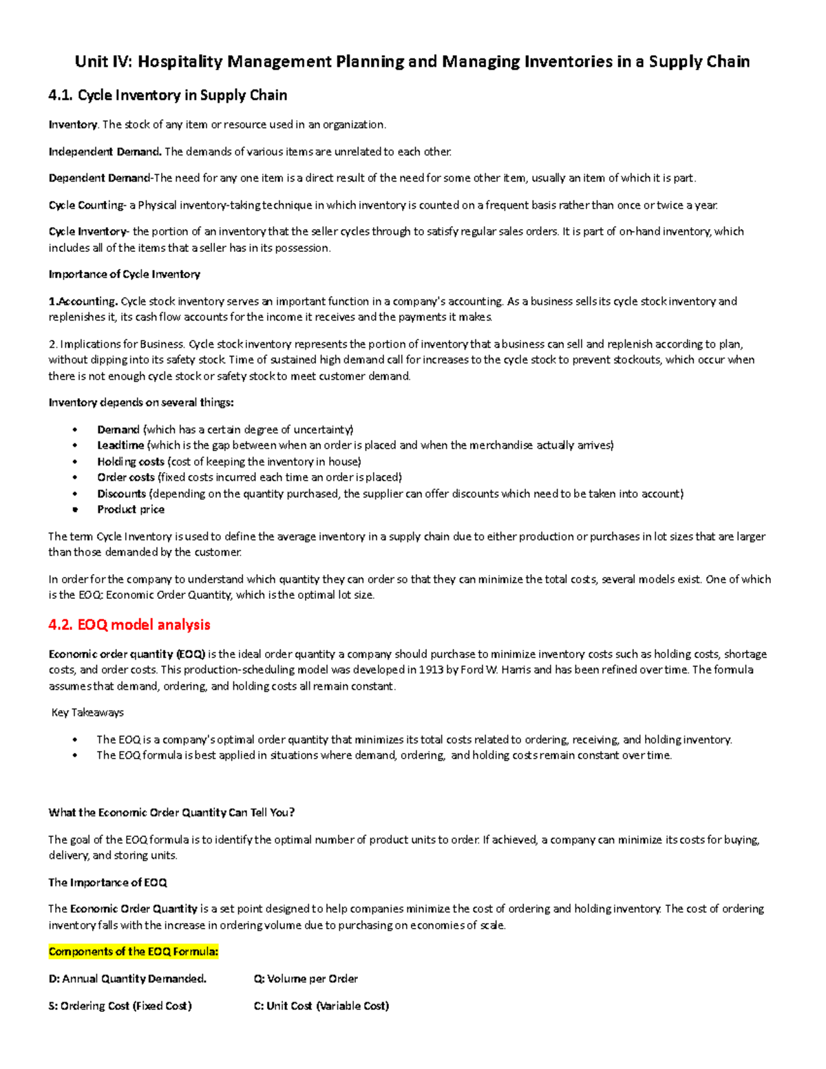 SUPPLY CHAIN MANAGEMENT (SCM) - Unit IV: Hospitality Management ...