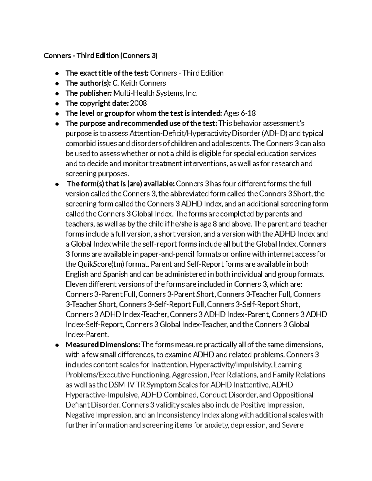 Conners - Third Edition (Conners 3) Notes - Conners - Third Edition ...