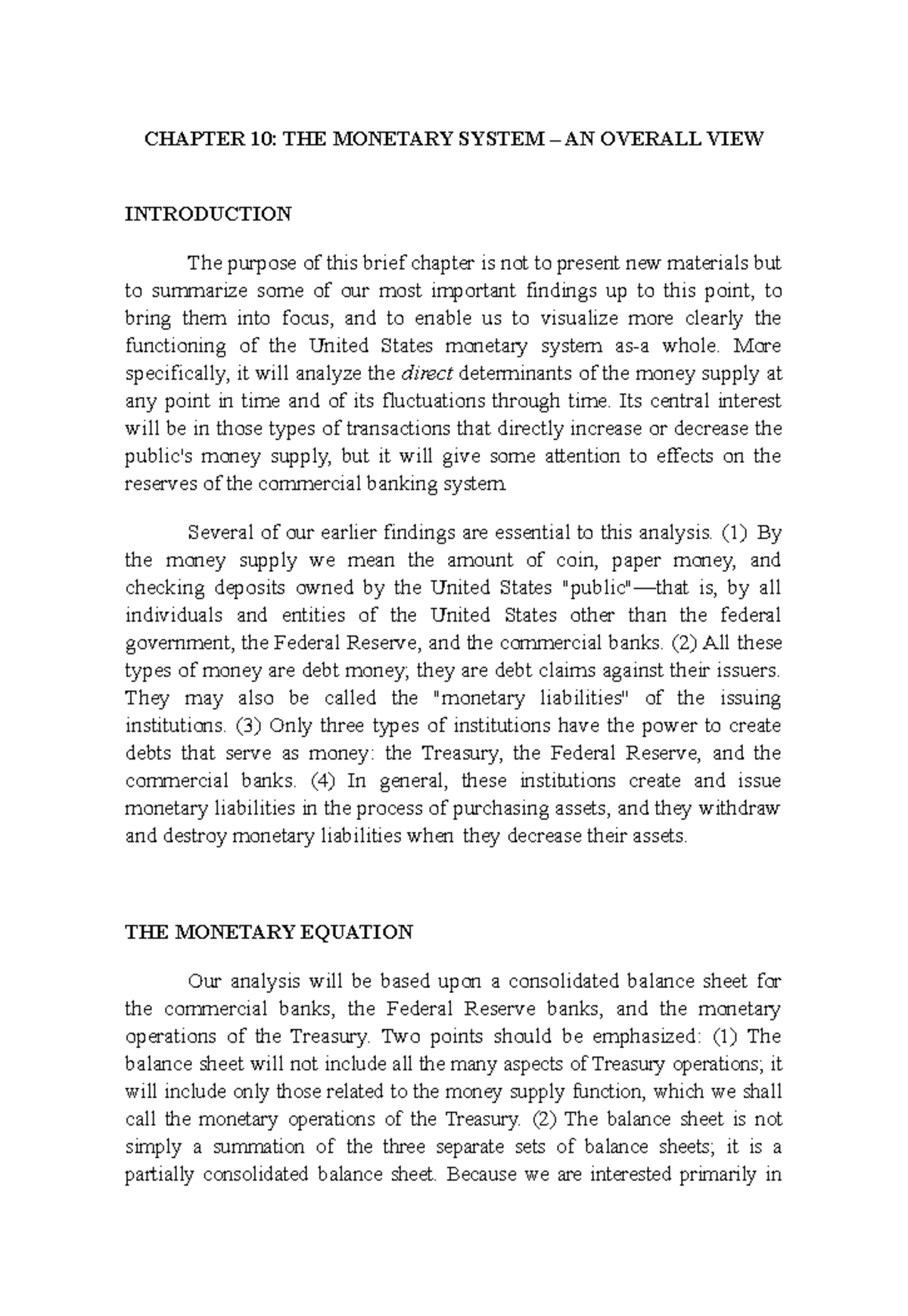 CHAPTER 10 THE MONETARY SYSTEM - AN OVERALL VIEW: Intro, The Monetary ...
