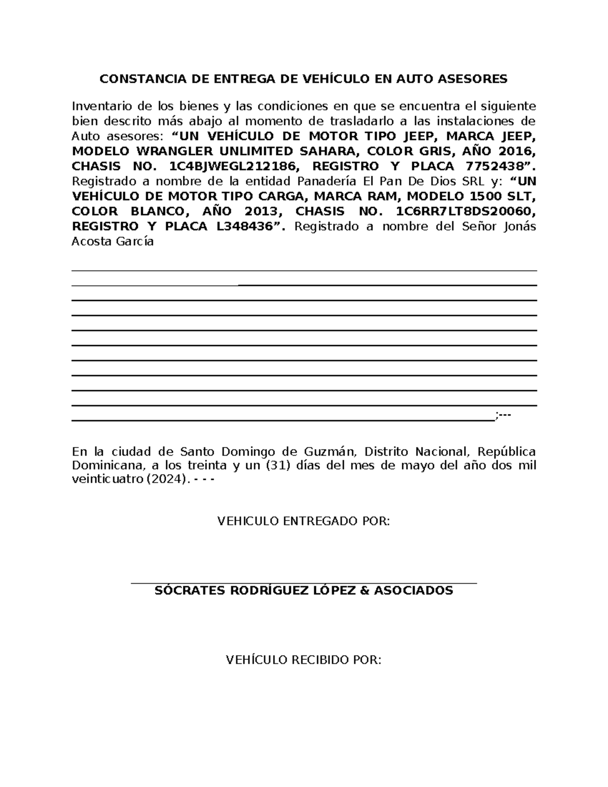 Constancia DE Entrega DE Vehiculo EN AUTO Asesores DE LA Entidad ...