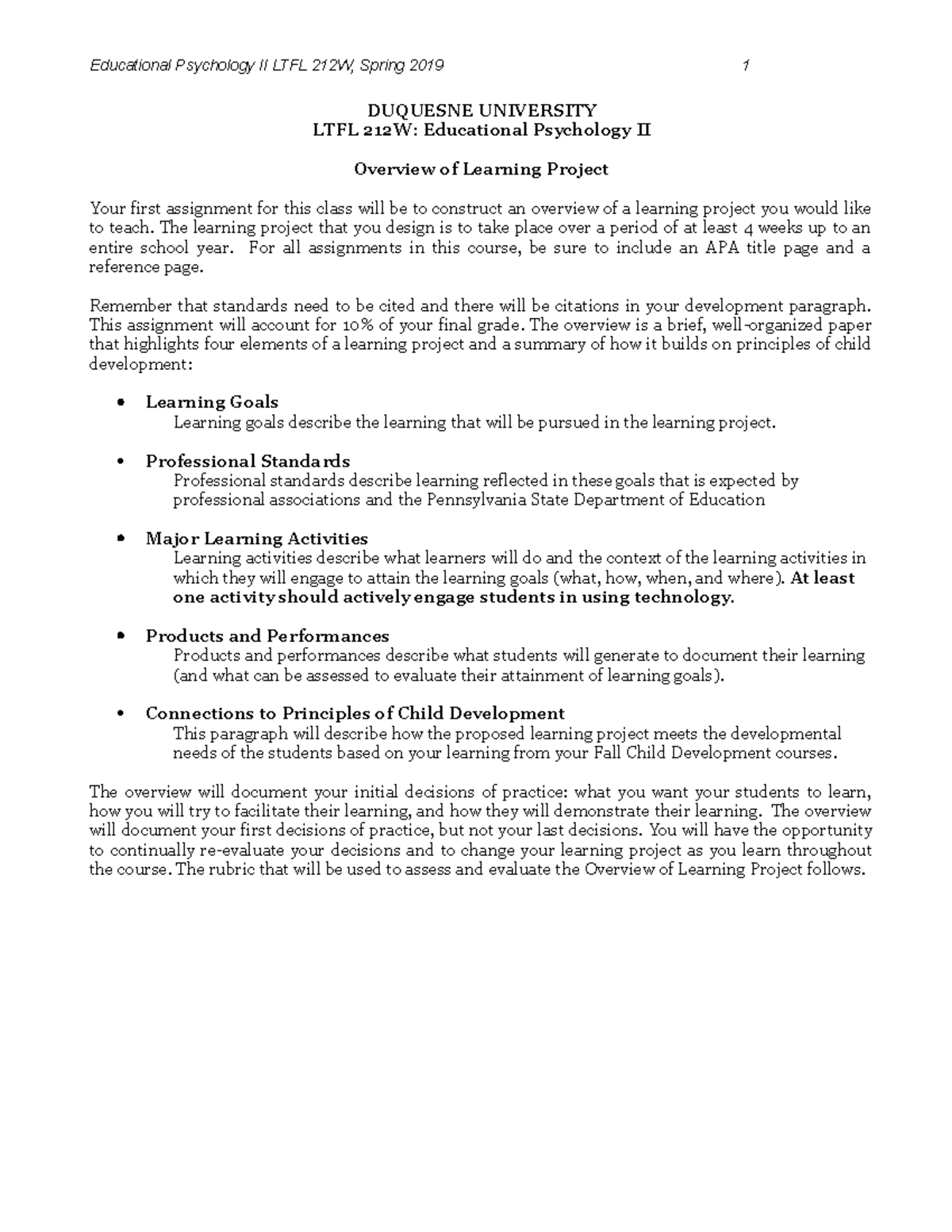 Overview of Learning Project Spring 2019 - Educational Psychology II ...