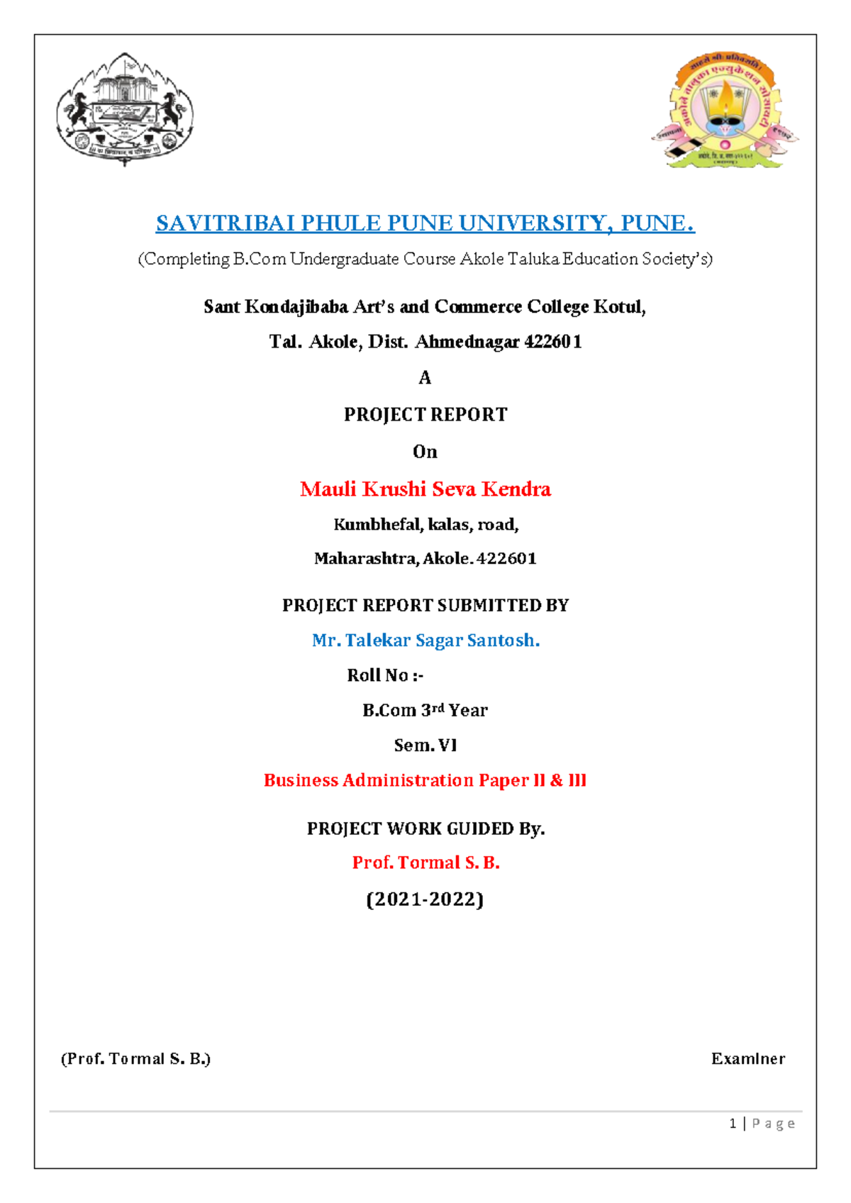 B.A Project Report - SAVITRIBAI PHULE PUNE UNIVERSITY, PUNE. (Completing B Undergraduate Course ...